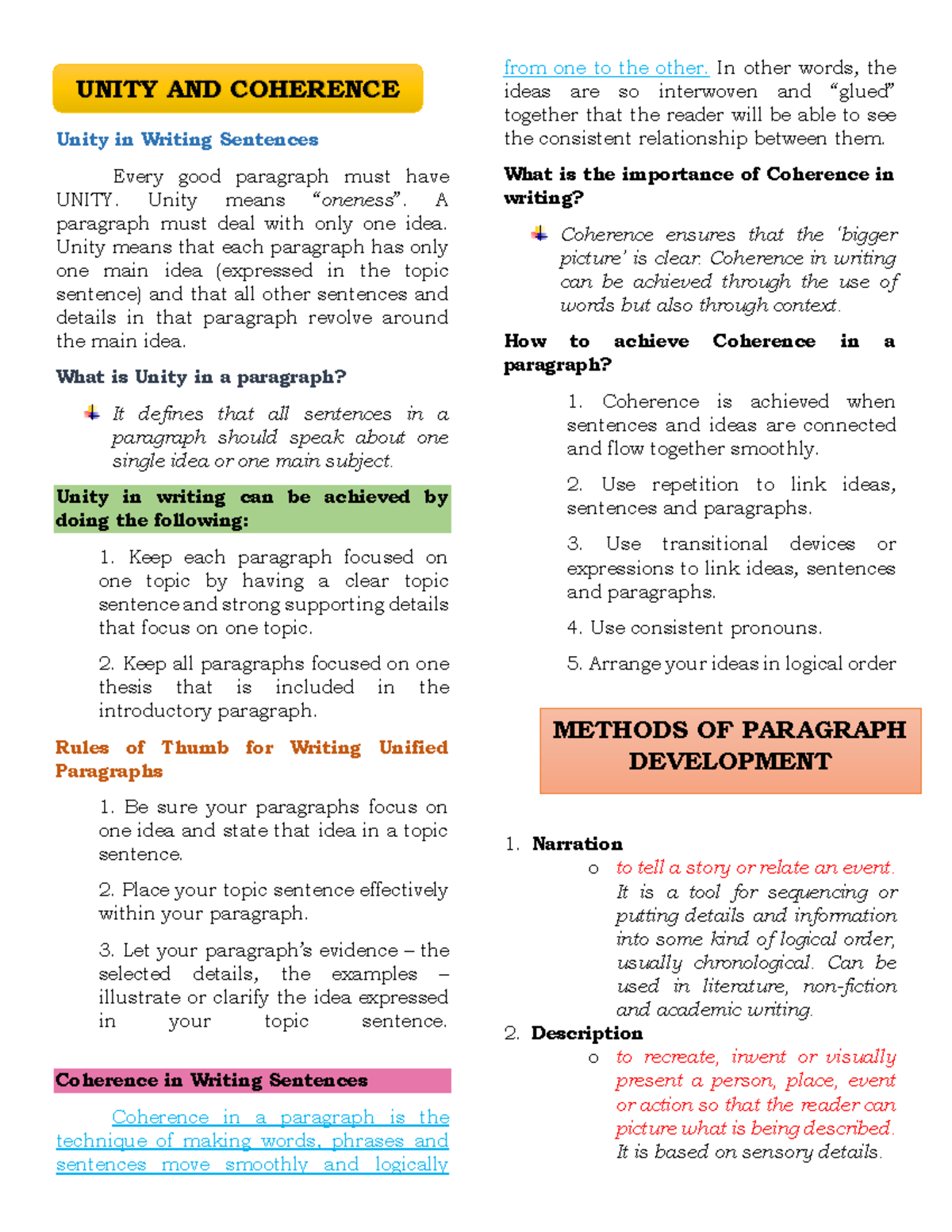 ELP-2-Reviewer - Elp - Unity in Writing Sentences Every good paragraph ...