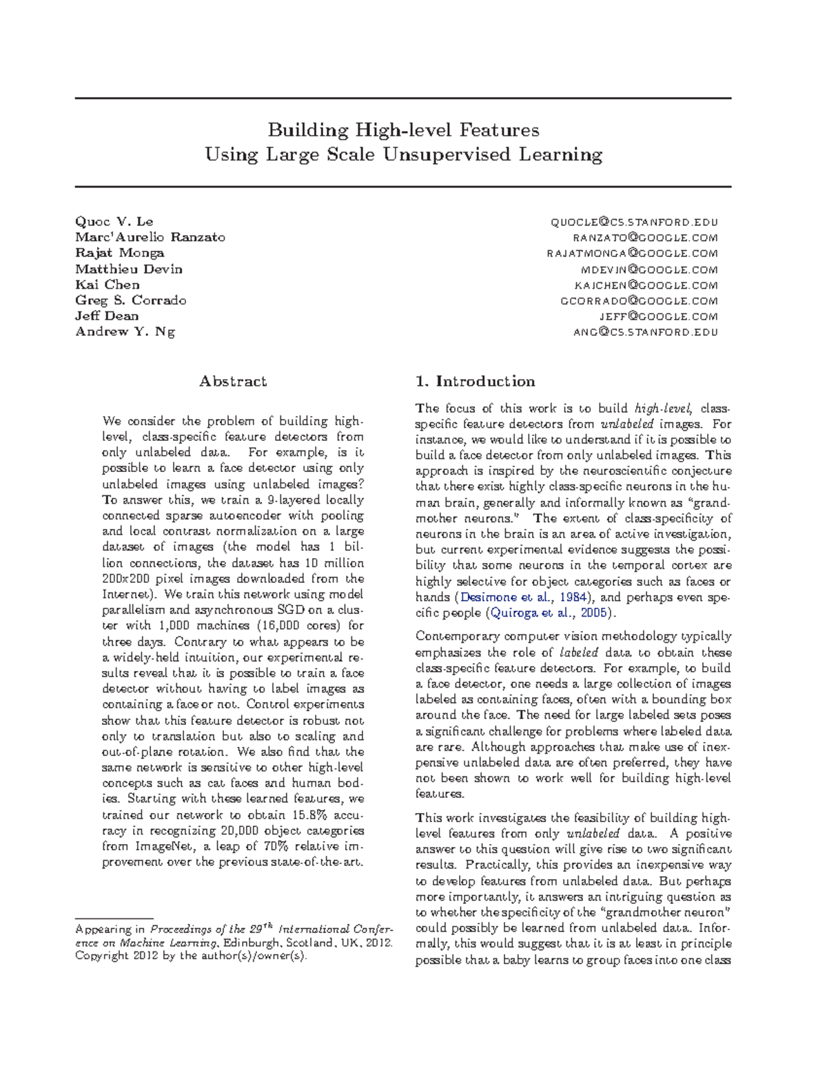Summary - Building high-level features using large scale unsupervised ...