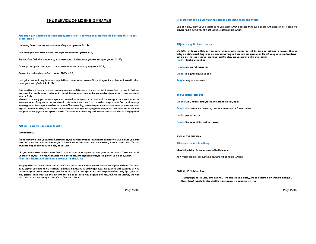 Prayer BOOK - THE SERVICE OF MORNING PRAYER All standing, the teacher ...