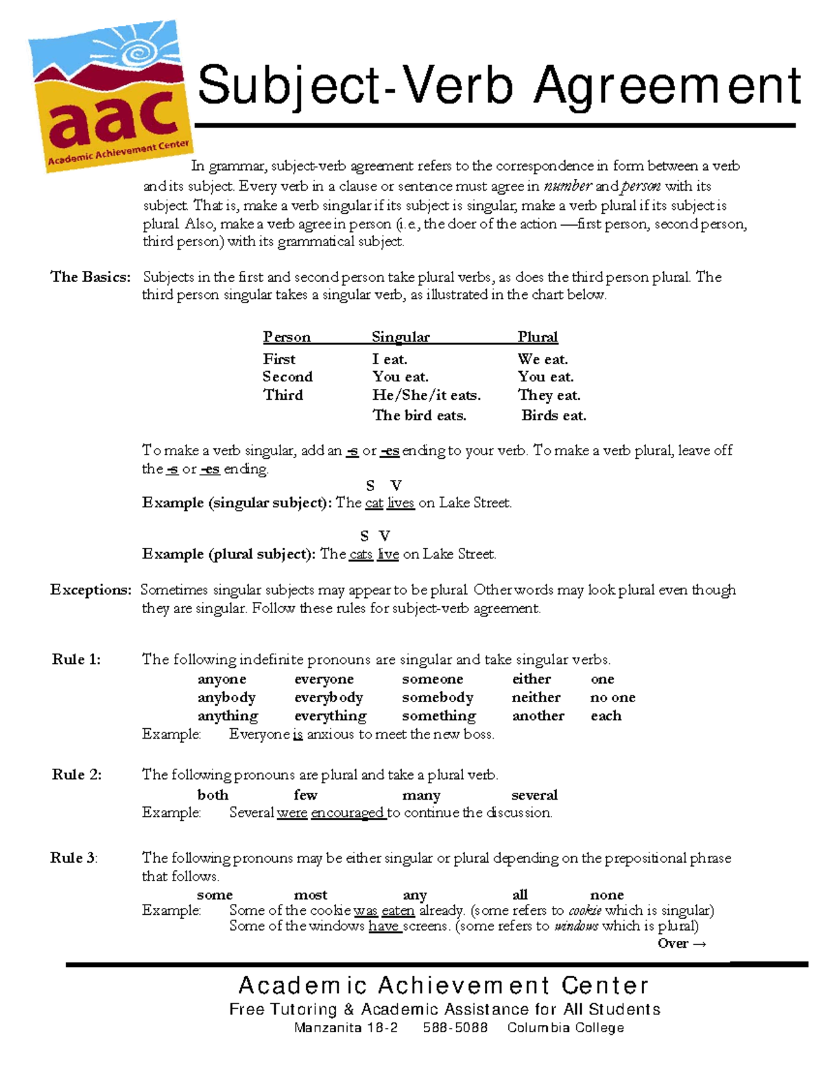 Subject-Verb Agreement - Aca de m ic Ach ie ve m e n t Ce n t e r Free ...