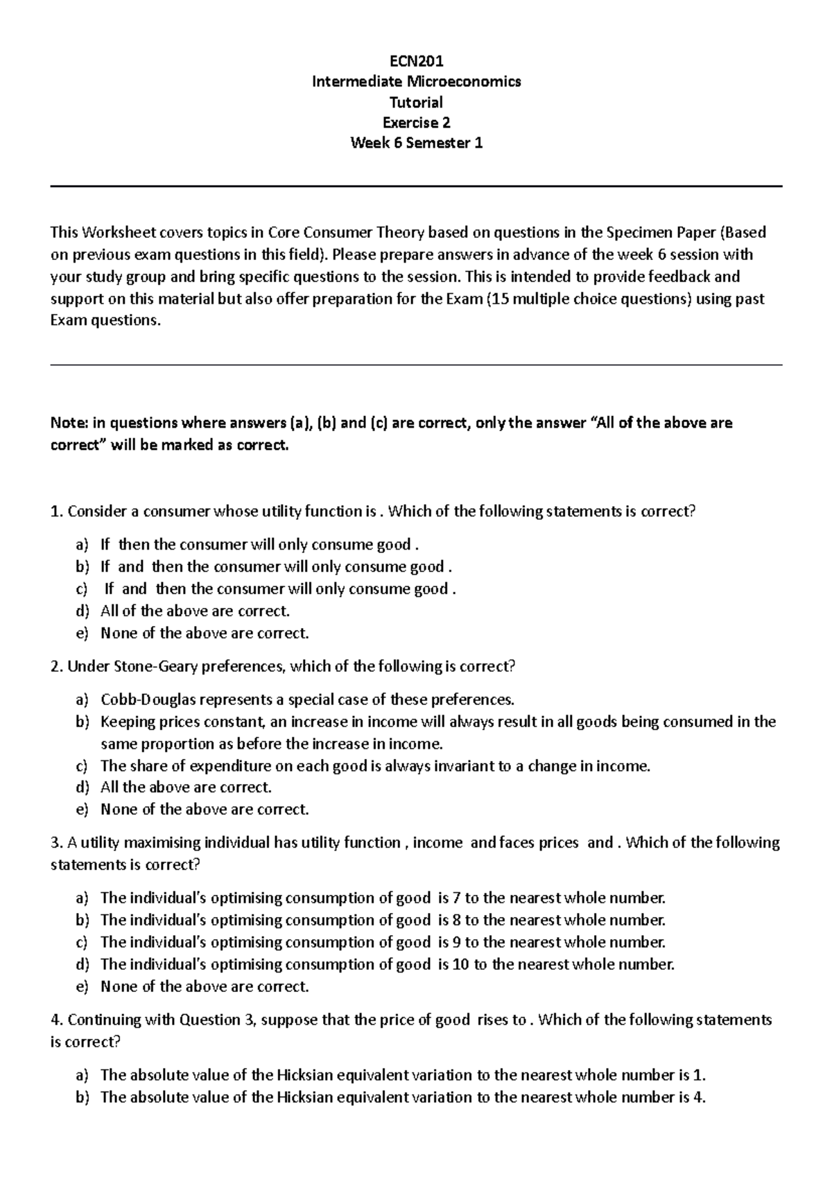 201 Tutorial Question Ex2 (S1W6) - ECN Intermediate Microeconomics Tutorial Exercise 2 Week 6 ...