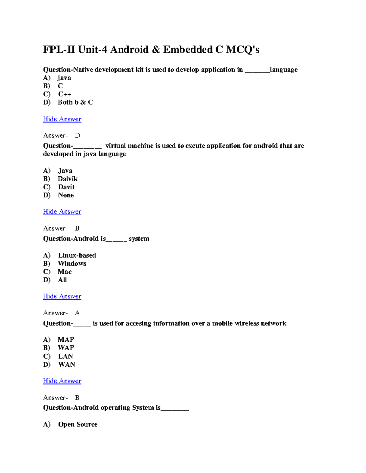 Unitiv Mcq Question Native Development Kit Is Used To Develop Application In Fpl Ii Unit 4 8943