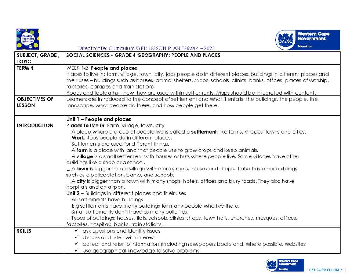 Lesson Plan IP Grade 4 SS Geography T1 W1 - Directorate: Curriculum GET ...