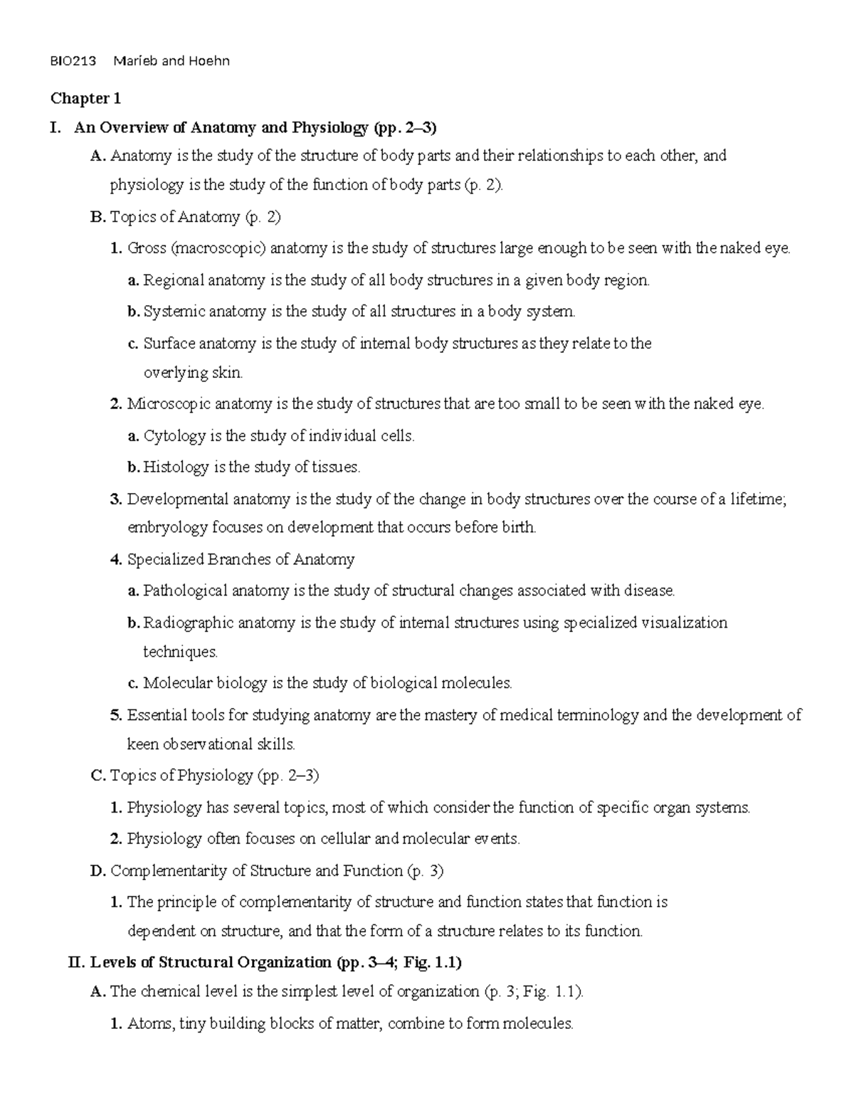 Pearson notes Ch01 - Chapter 1 I. An Overview of Anatomy and Physiology ...