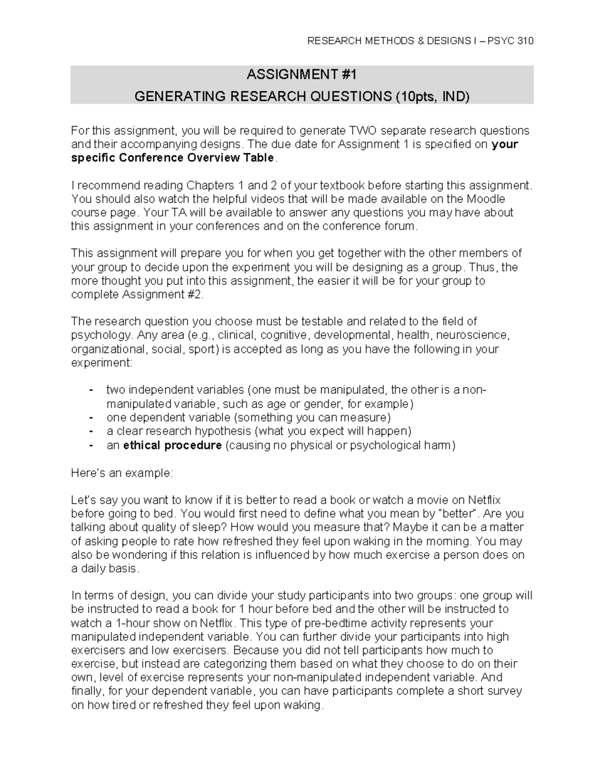 Assignment 1 - Generating Research Questions - RESEARCH METHODS ...