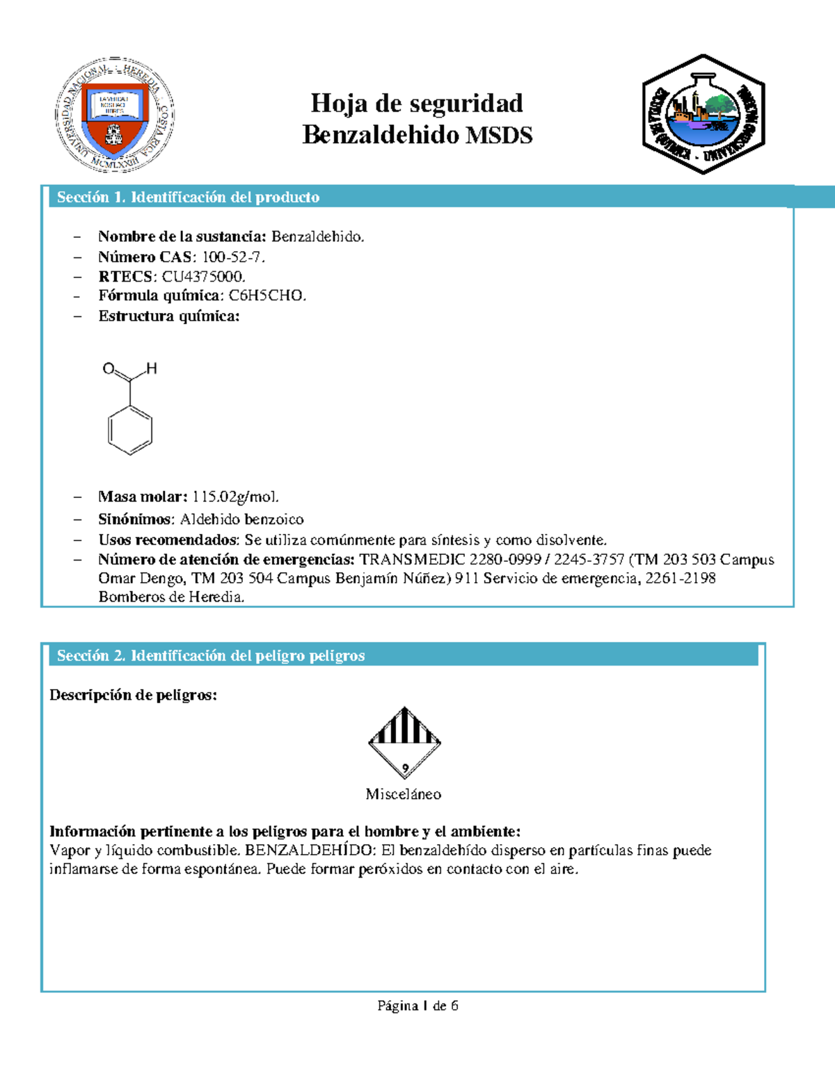 Benzaldehido - Hoja de seguridad Benzaldehido MSDS Sección 1 ...