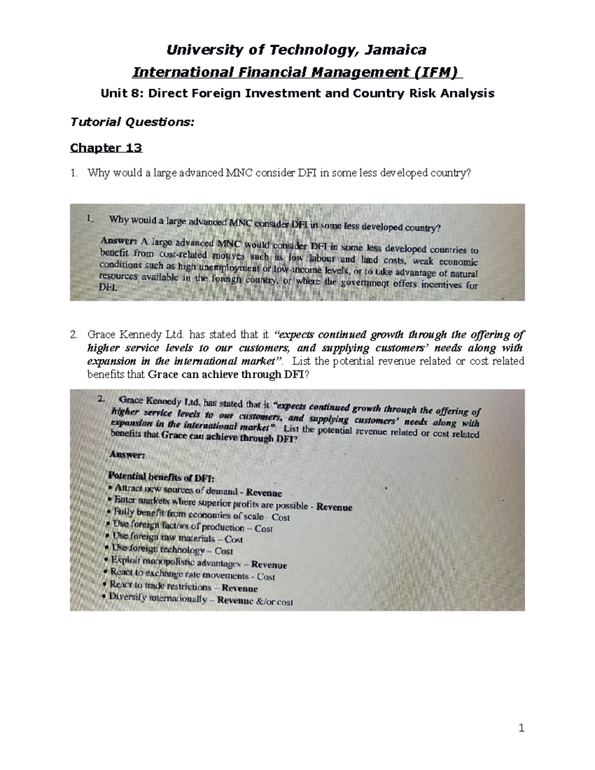Fin 4005 IFM Unit 8 Tutorial - University of Technology, Jamaica ...