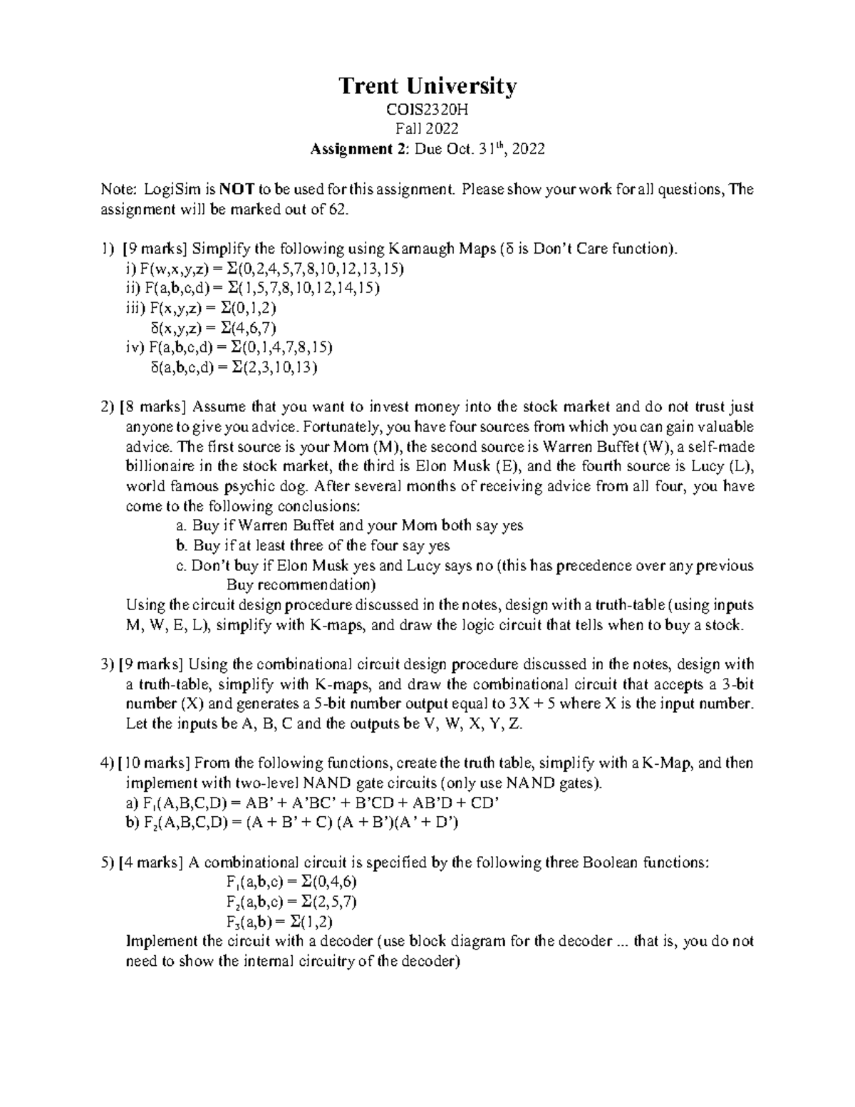 F22ass2 - cois 2320 - Trent University COIS2320H Fall 2022 Assignment 2 ...