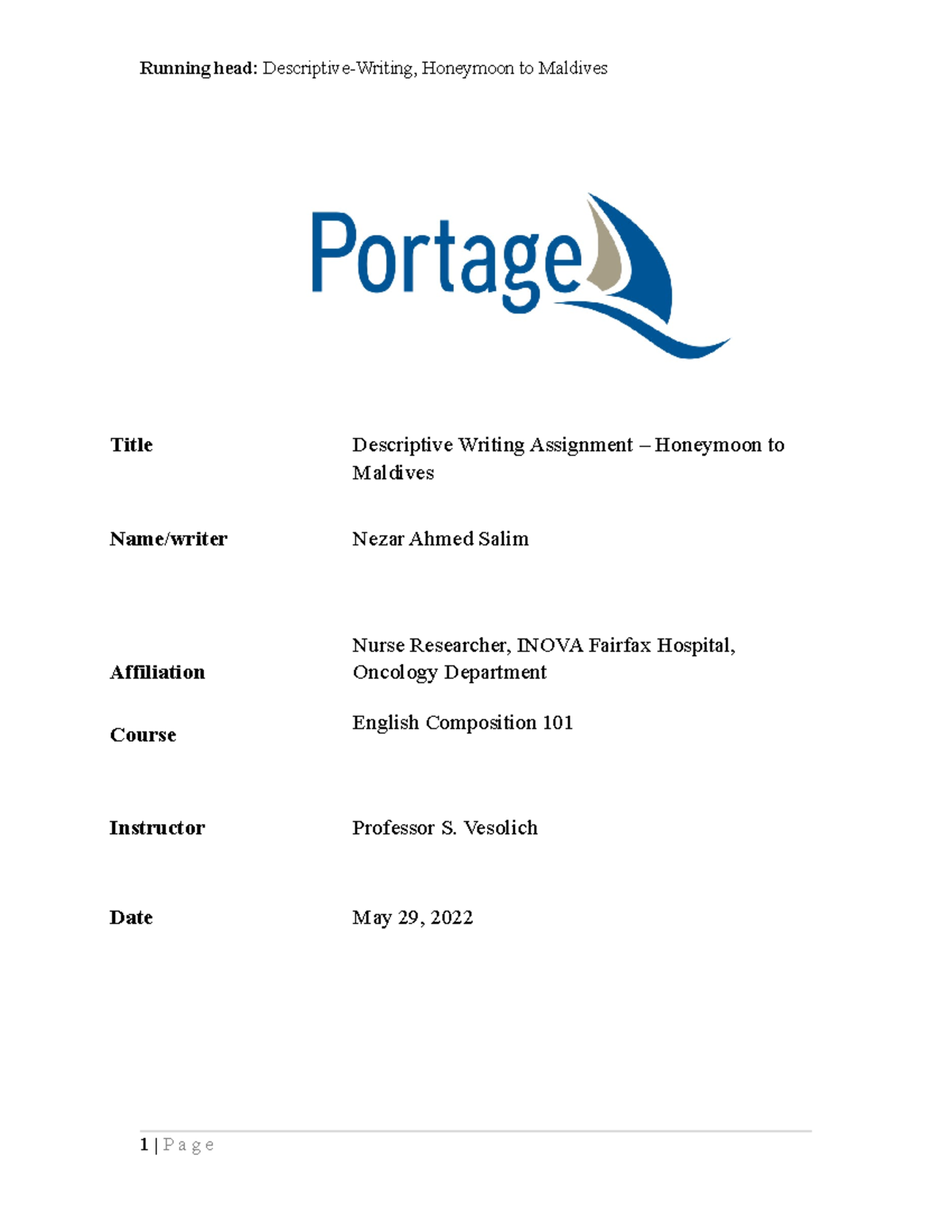 Descriptive Writing Assignment ( Final Revision) - Title Descriptive ...
