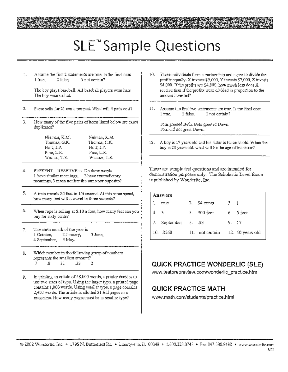 Wonderlic Practice Questions Studocu