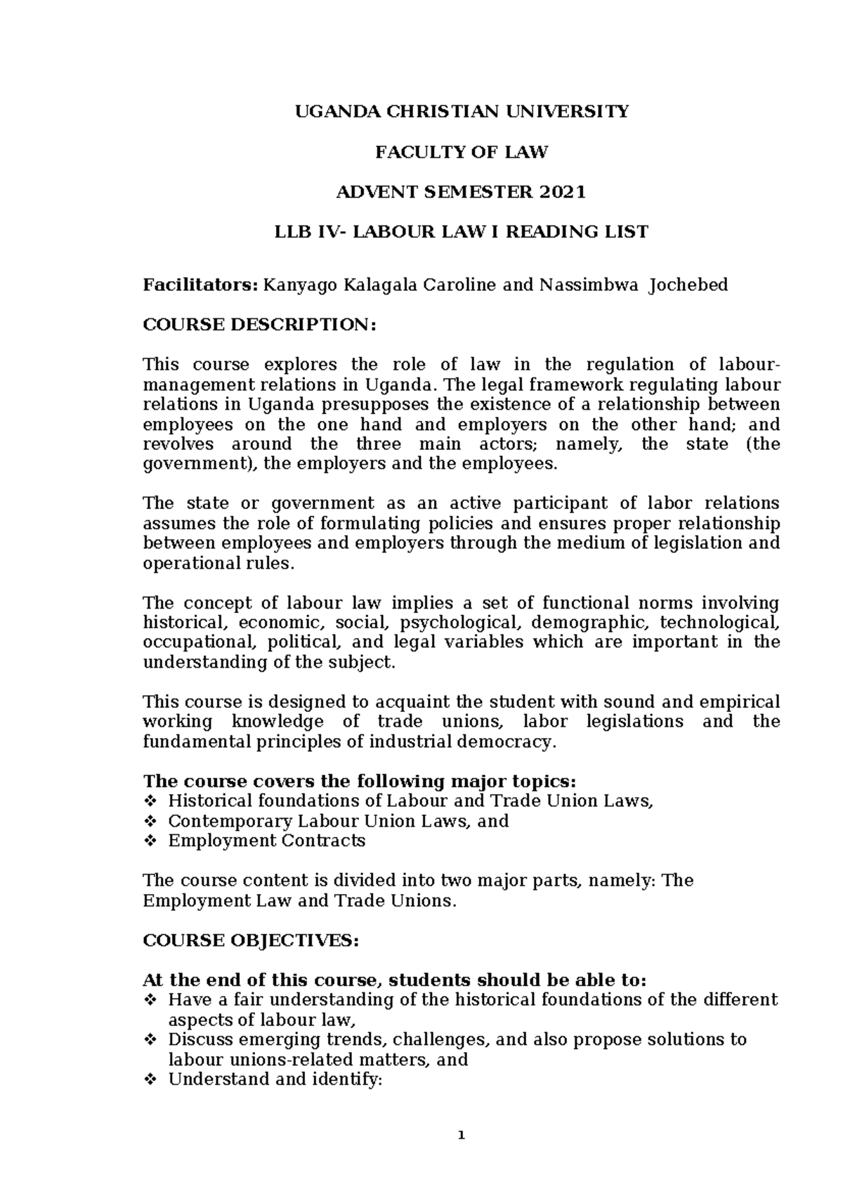 Course Outline - Reading list - UGANDA CHRISTIAN UNIVERSITY FACULTY OF ...