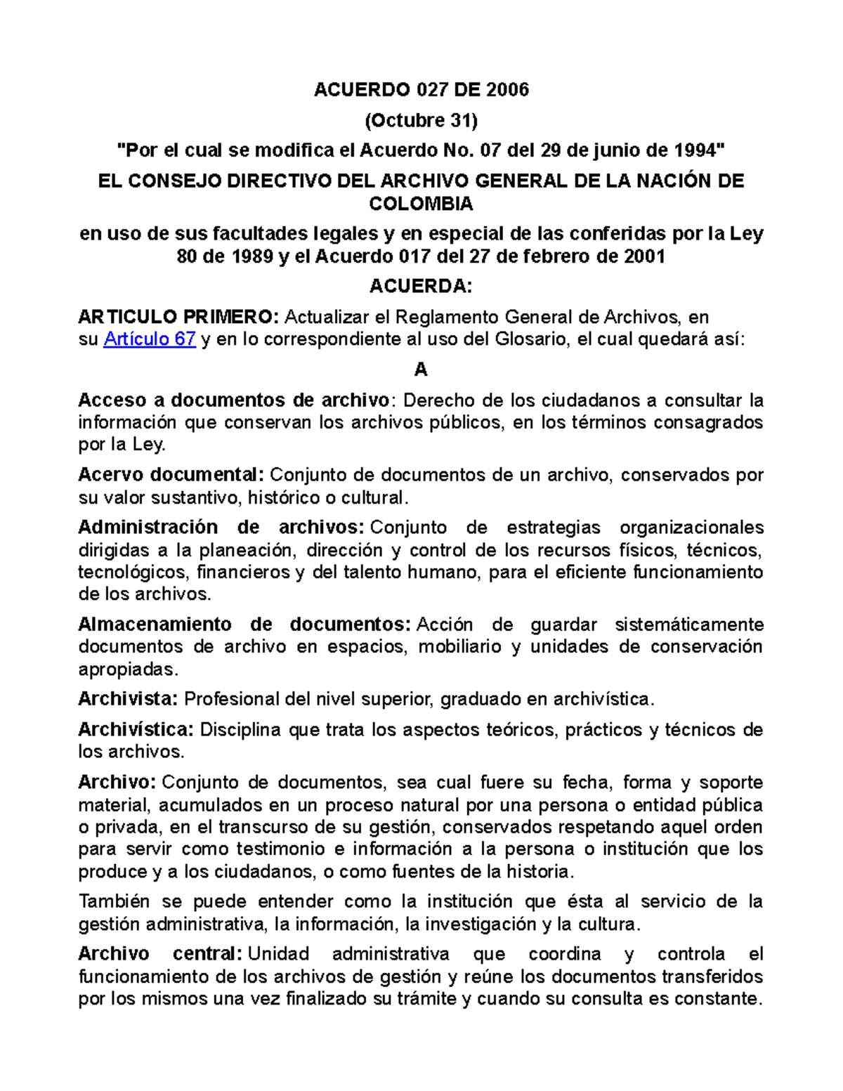 Acuerdo 027 2006 - 2006 - ACUERDO 027 DE 2006 (Octubre 31) "Por el cual ...