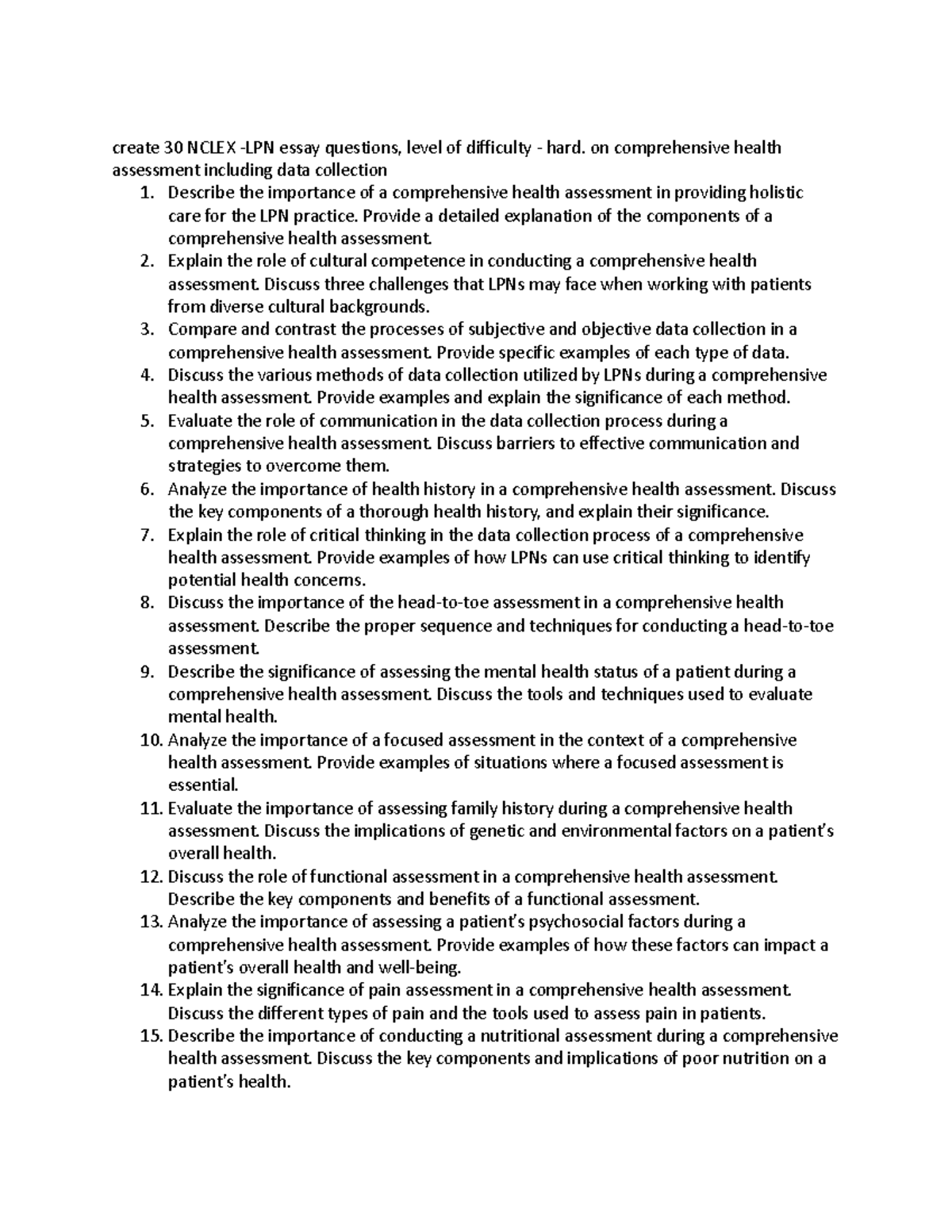 Health Assessment Quiz - create 30 NCLEX -LPN essay questions, level of ...