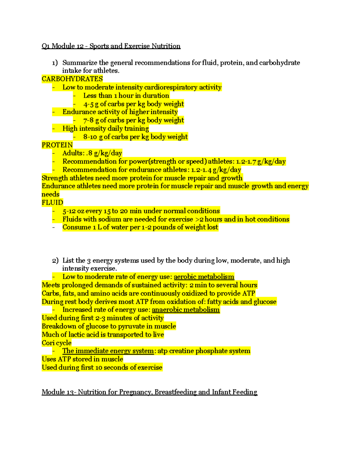 NUTR 202 exam 4 study guide - Q1 Module 12 - Sports and Exercise ...