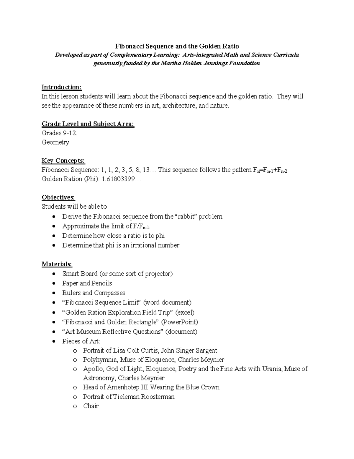 Cma lesson mhj fibonacci - Fibonacci Sequence and the Golden Ratio ...