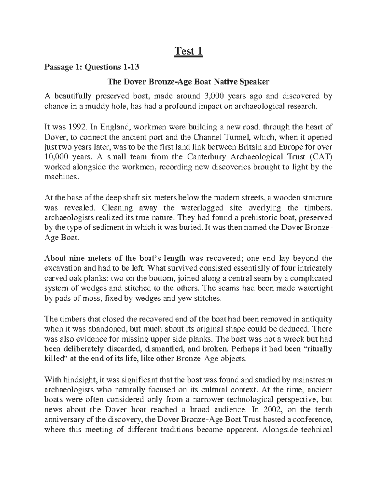 Reading - Test 1 Passage 1: Questions 1- 13 The Dover Bronze-Age Boat ...