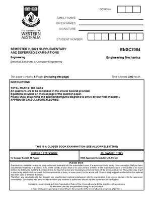 ENSC 2004 - UWA - Engineering Mechanics - Studocu