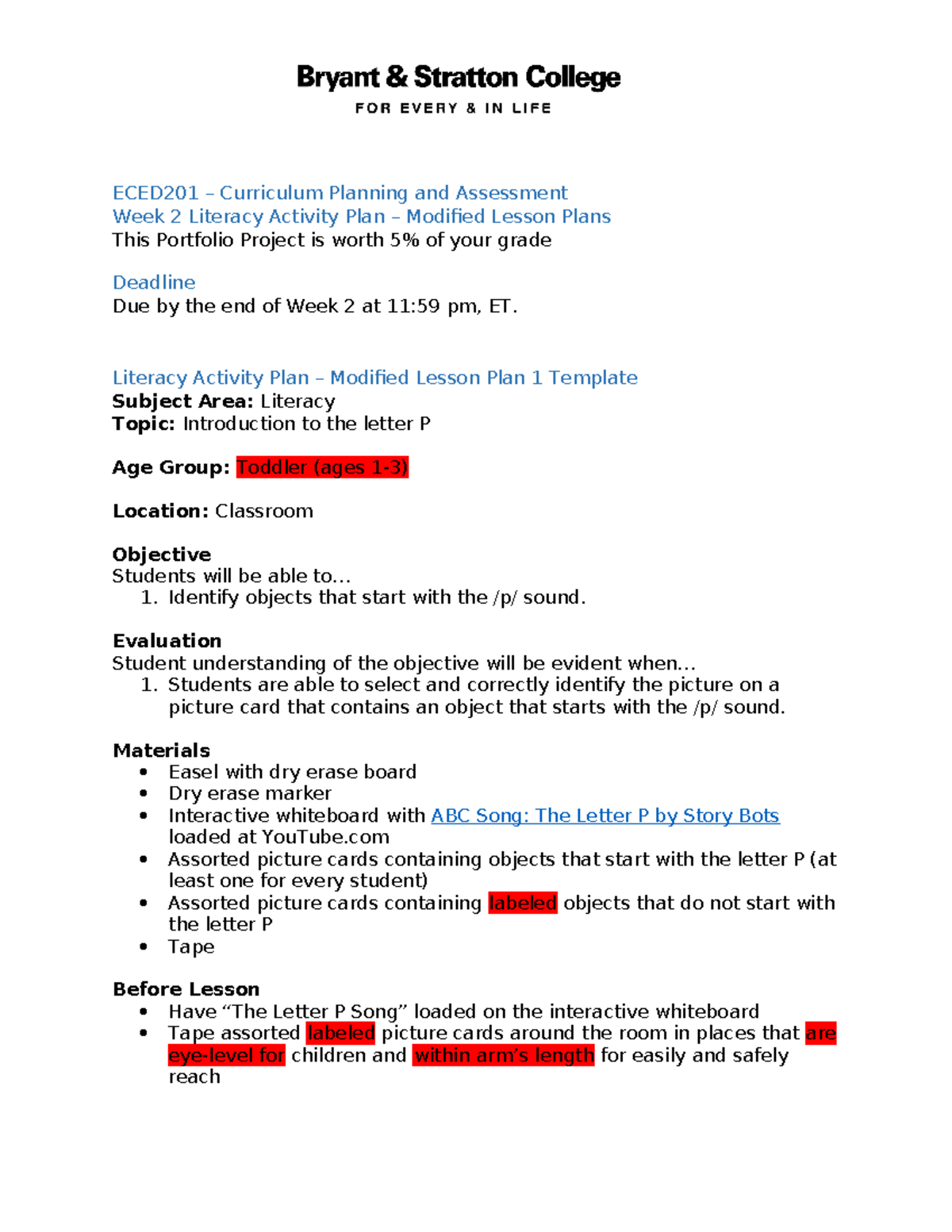 ECED201 Modified Lesson Plan - ECED201 – Curriculum Planning and ...