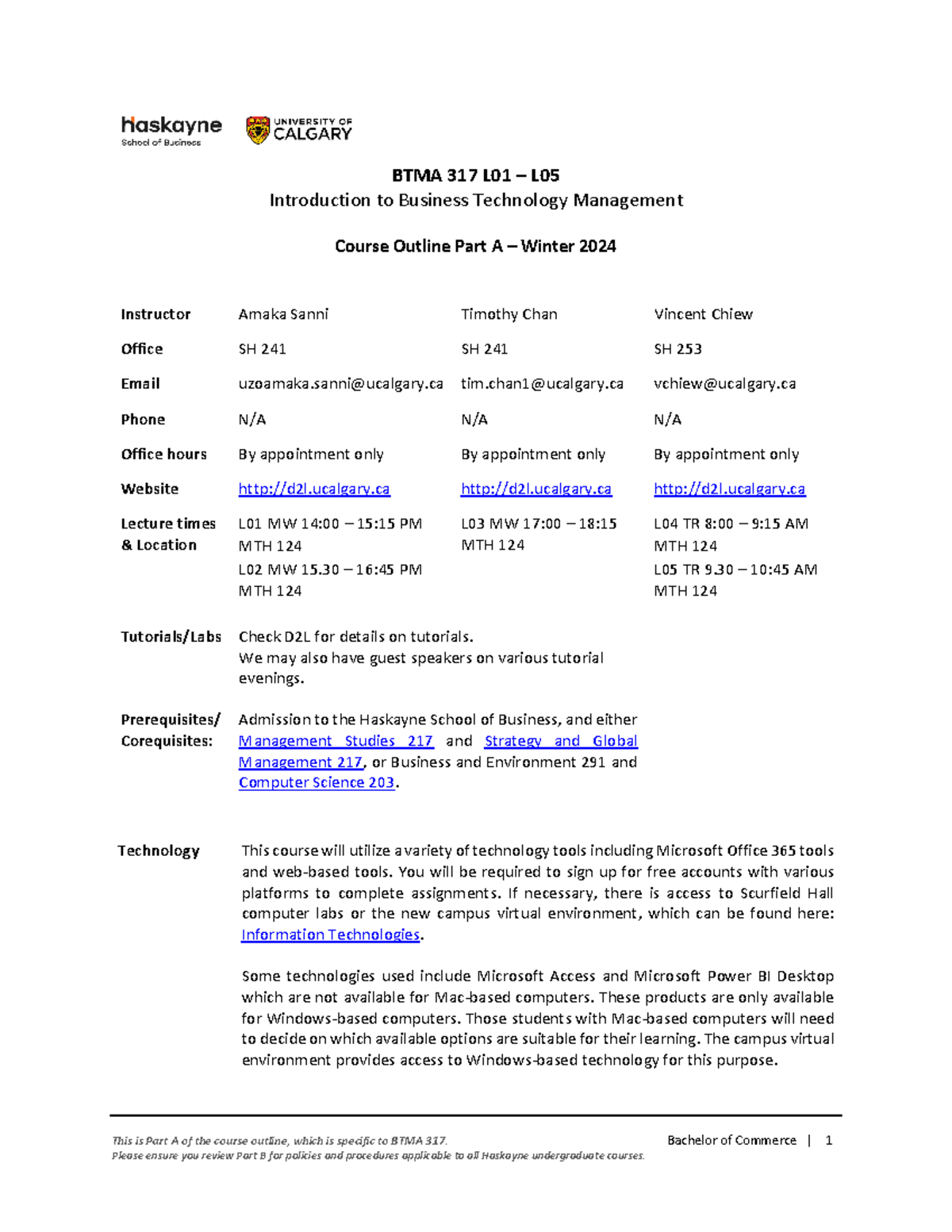 Course Outline BTMA 317 University of Calgary - This is Part A of the ...