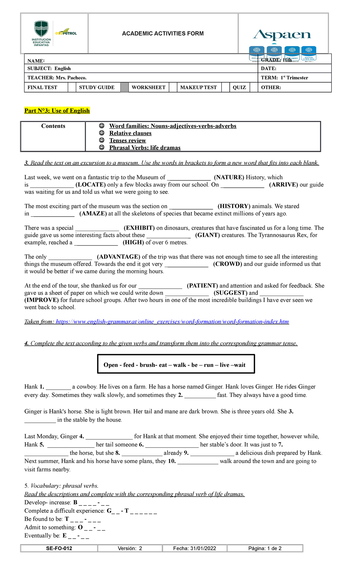Study guide 11th grade - 1st trimester - NAME: GRADE: 11th SUBJECT ...