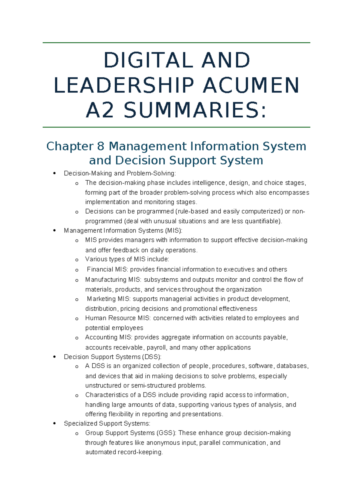A2 Summaries - DIGITAL AND LEADERSHIP ACUMEN A2 SUMMARIES: Chapter 8 Management Information ...