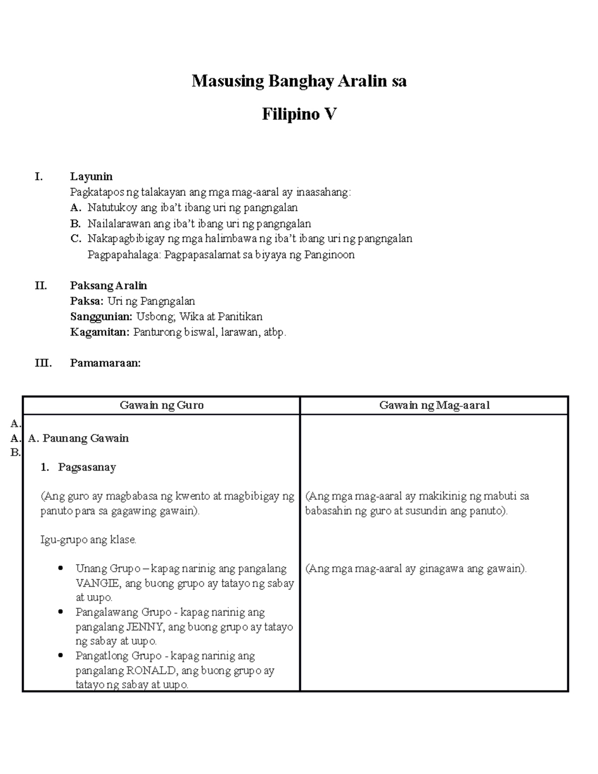 Dokumen - NONE - Masusing Banghay Aralin sa Filipino V I. Layunin ...