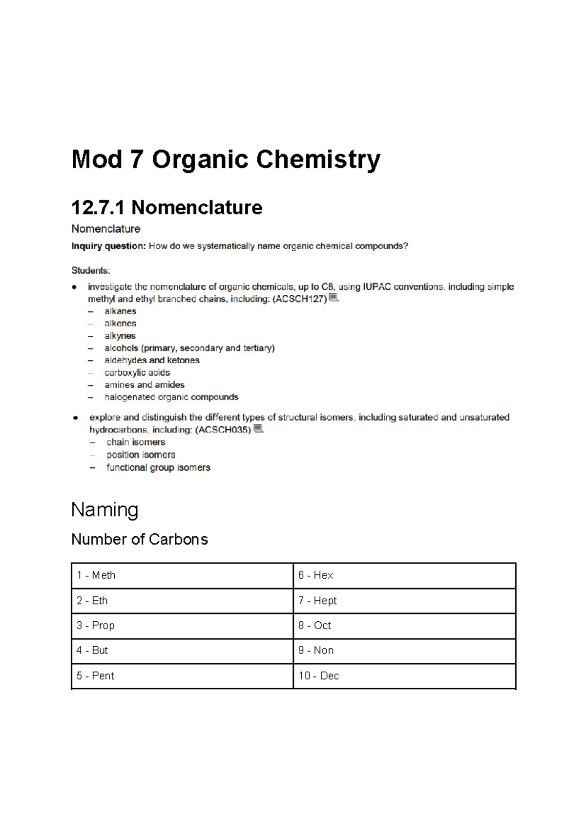 Chemistry Module 7 - Mod 7 Organic Chemistry 12.7 Nomenclature Naming ...