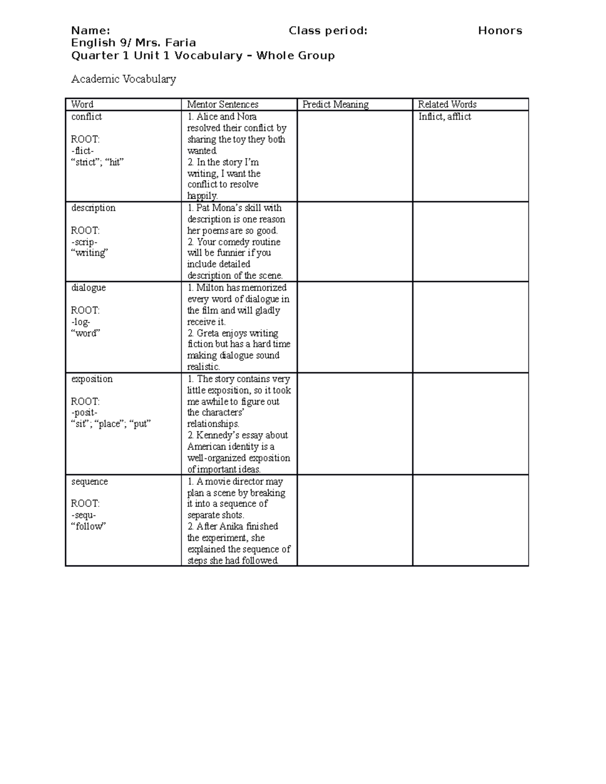 Unit1 - h hvu - English 9/ Mrs. Faria Quarter 1 Unit 1 Vocabulary ...