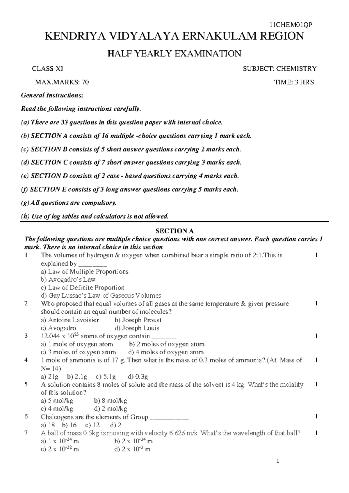 11CHE01QP - ... - KENDRIYA VIDYALAYA ERNAKULAM REGION HALF YEARLY ...