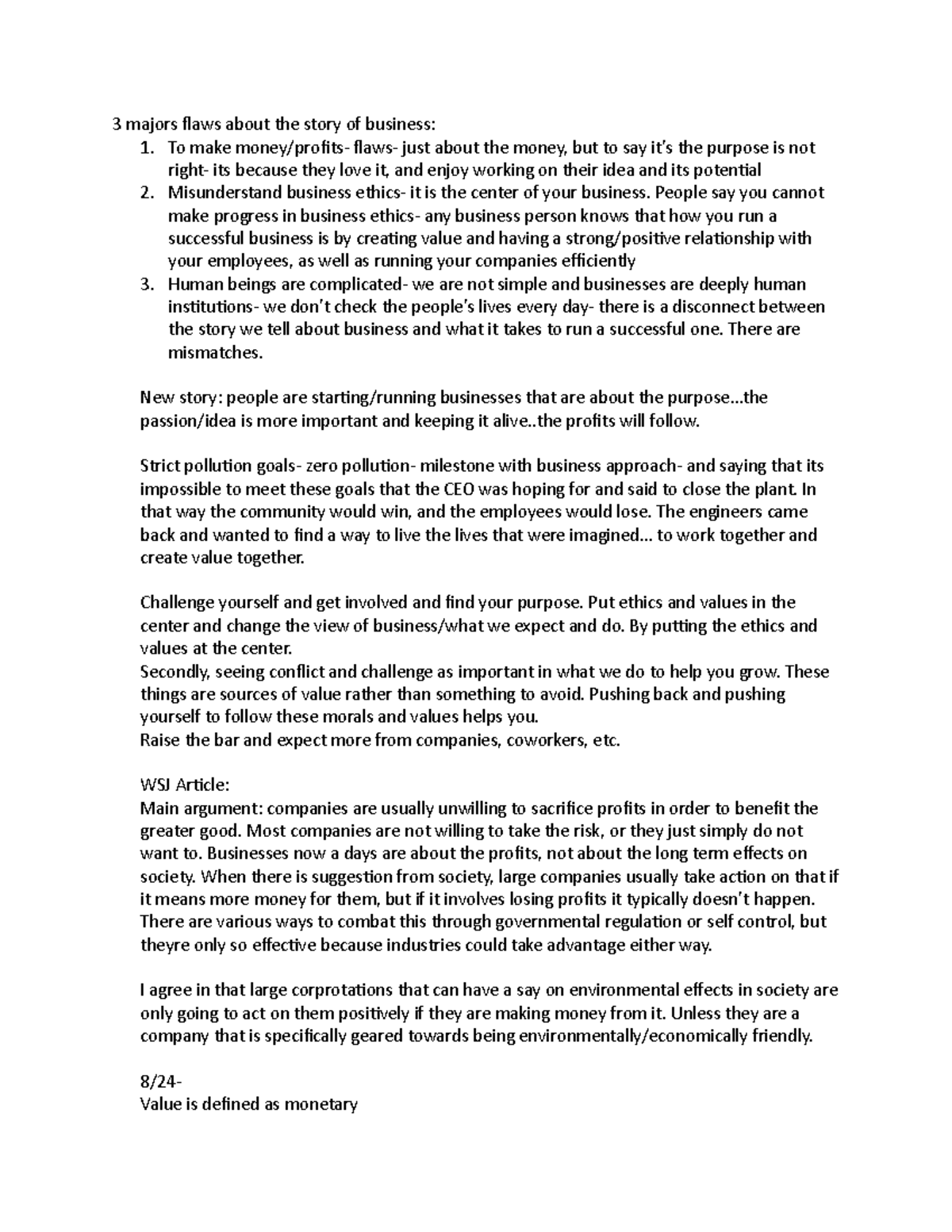 MGT 3659- Major Flaws of Business/Value Defined - 3 majors flaws about ...