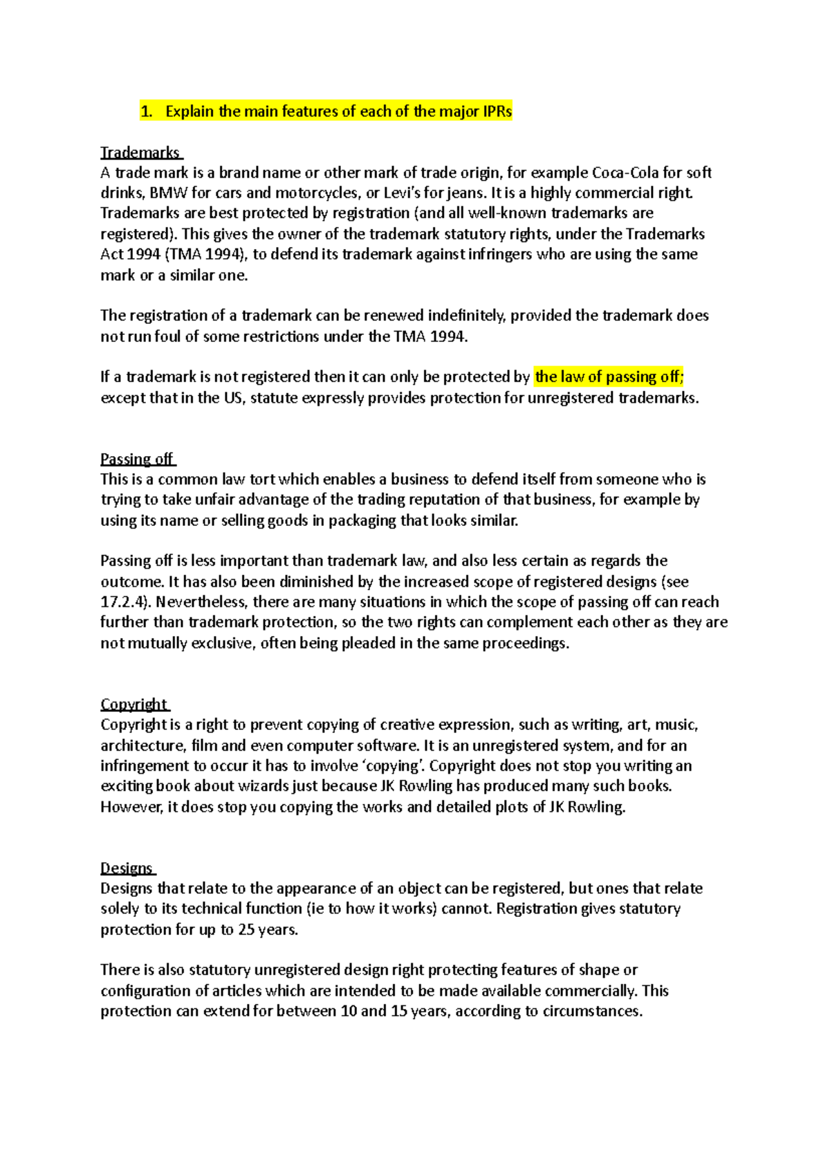 IP WS1 - IP NOTES FOR WORKSHOP 1 - Explain the main features of each of ...