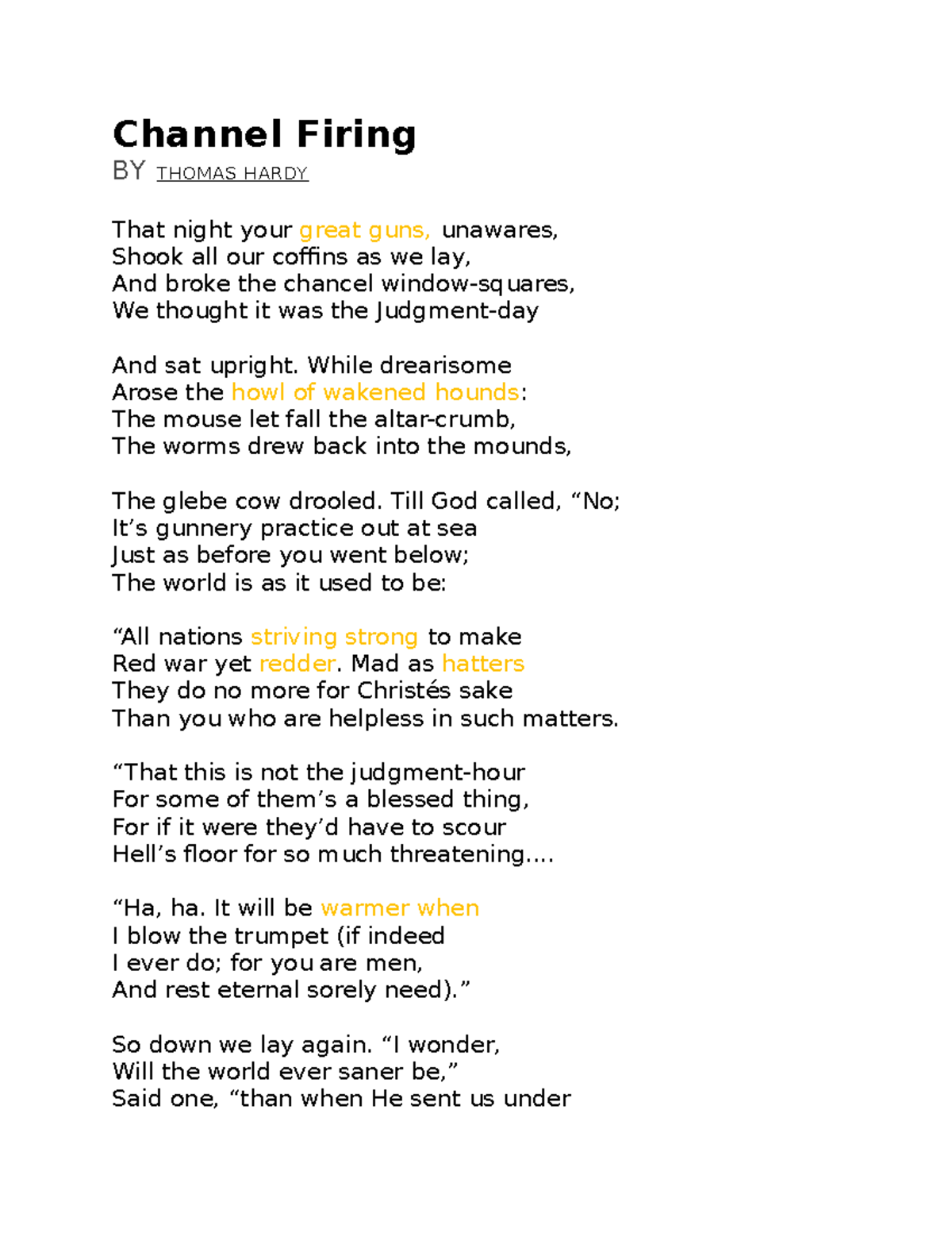 U2 A12 - Hamlet essay - Channel Firing BY THOMAS HARDY That night your ...