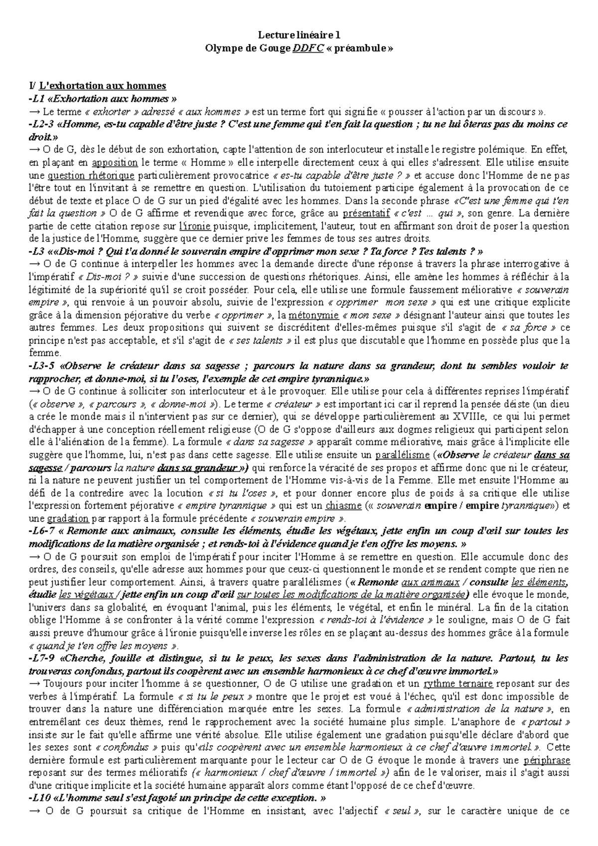 Lecture linéaire 1 Olympe de Gouges - Lecture linéaire 1 Olympe de Gouge DDFC « préambule » I ...