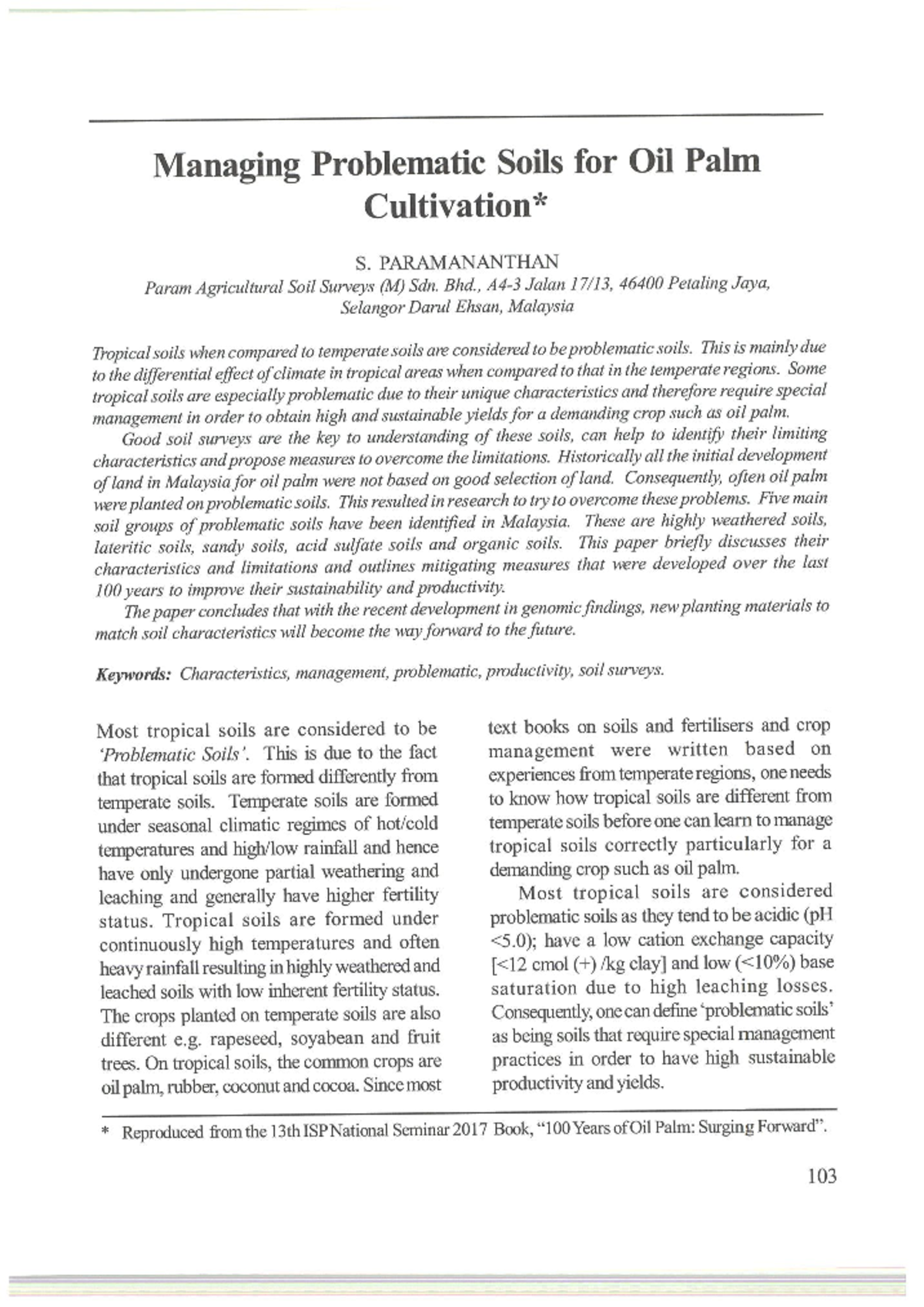 Managing Problematic Soils for Oil Palm Cultivation - Random Paper ...
