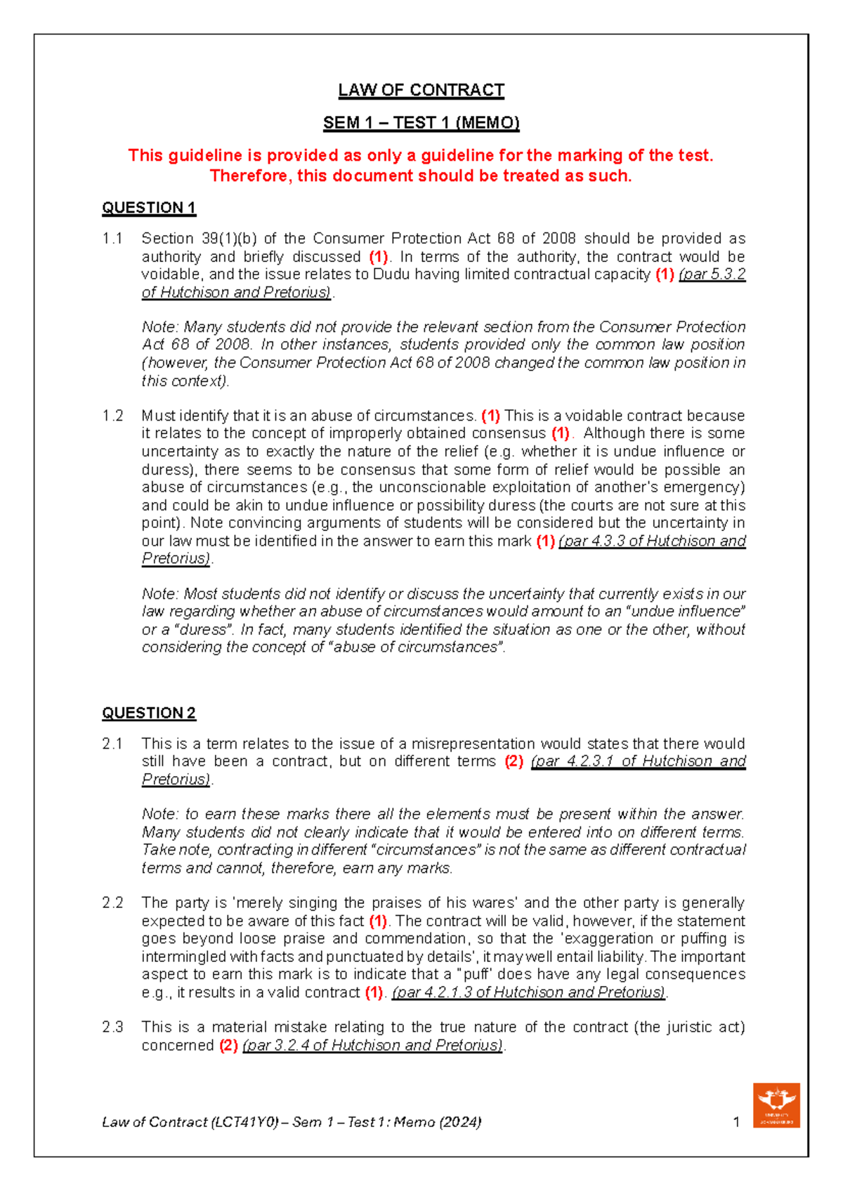 Main Test Memo (Student Version 14 - LAW OF CONTRACT SEM 1 – TEST 1 ...