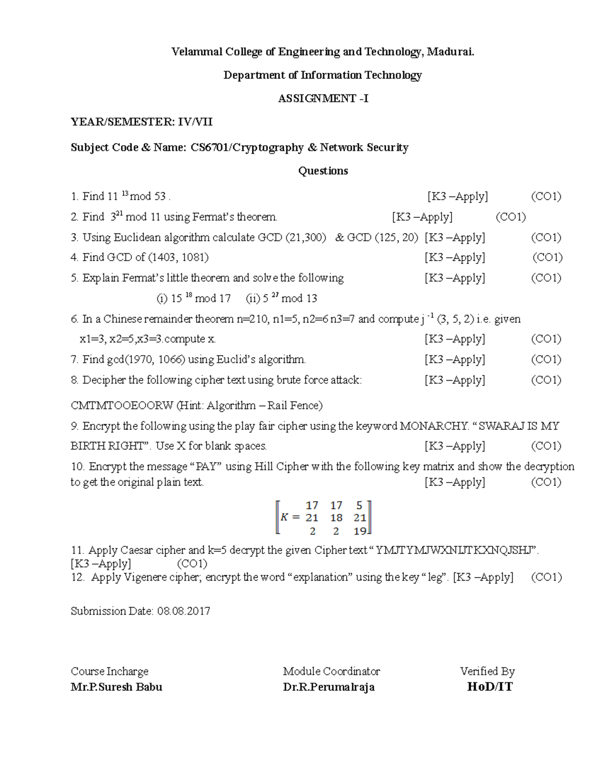 Cns assignment 1 qp - Velammal College of Engineering and Technology, Madurai. Department of ...