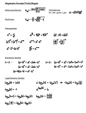Formelsammlung Mathe I (Prof Moeller, SS16) - Potenzen Induktion x n x ...