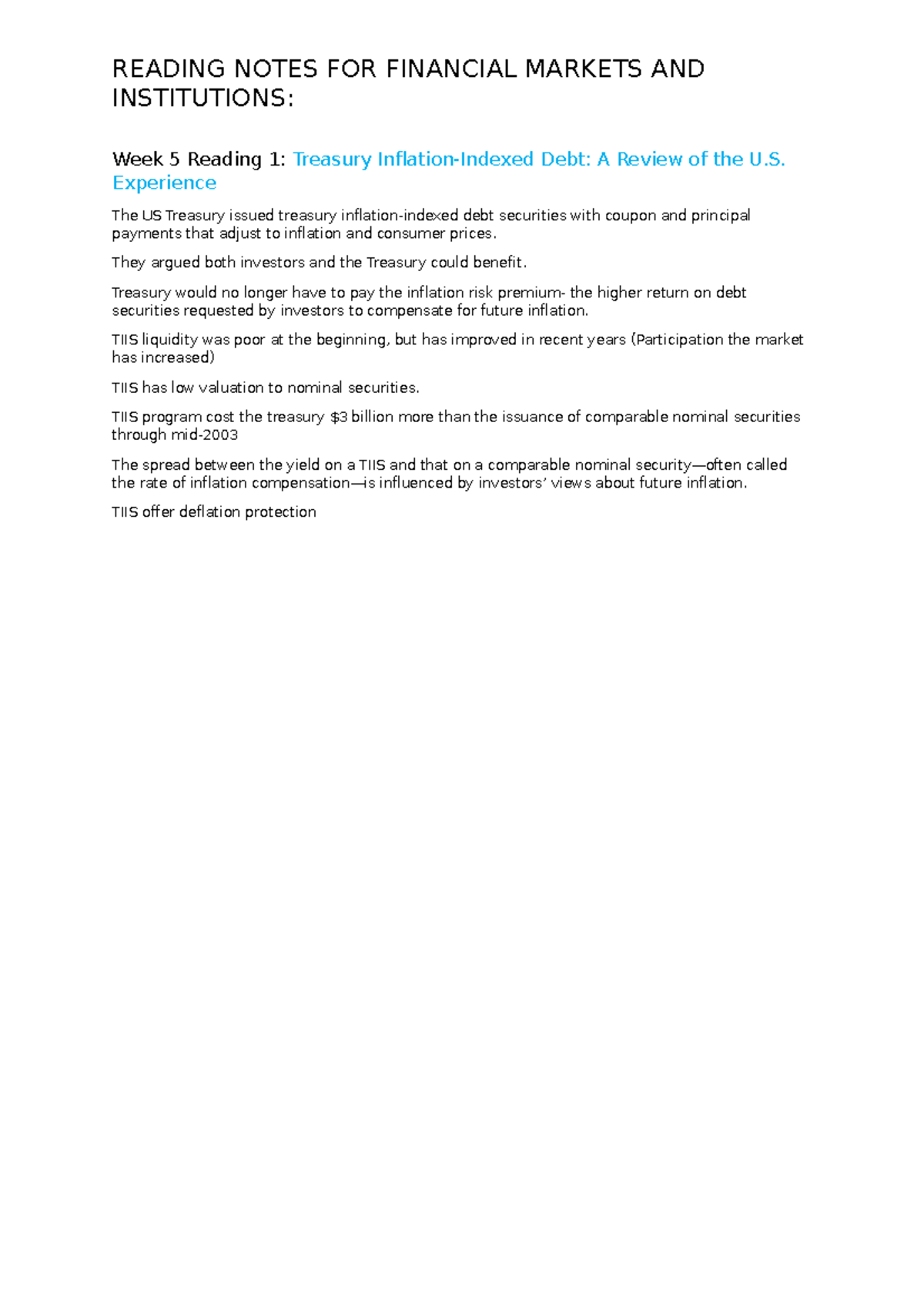 Reading Notes - READING NOTES FOR FINANCIAL MARKETS AND INSTITUTIONS ...