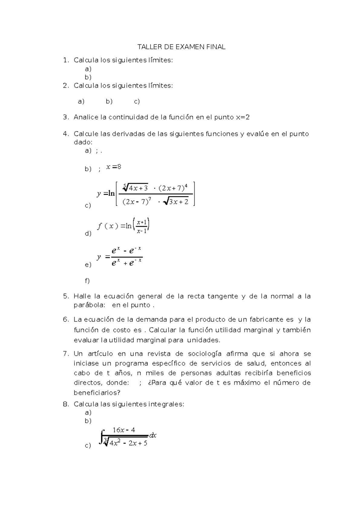 Taller Ex Final Matematica Para Los Negocios 2 Taller De Examen Final