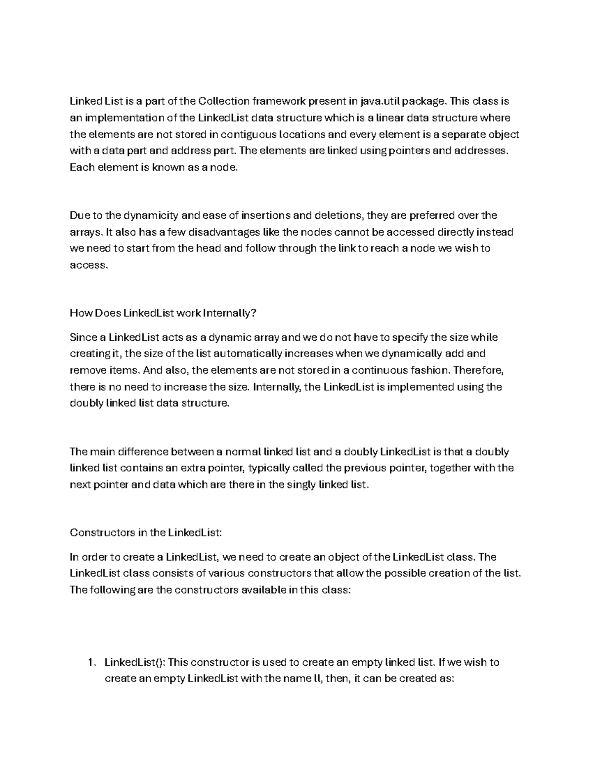 Linked List notes - Linked List is a part of the Collection framework ...