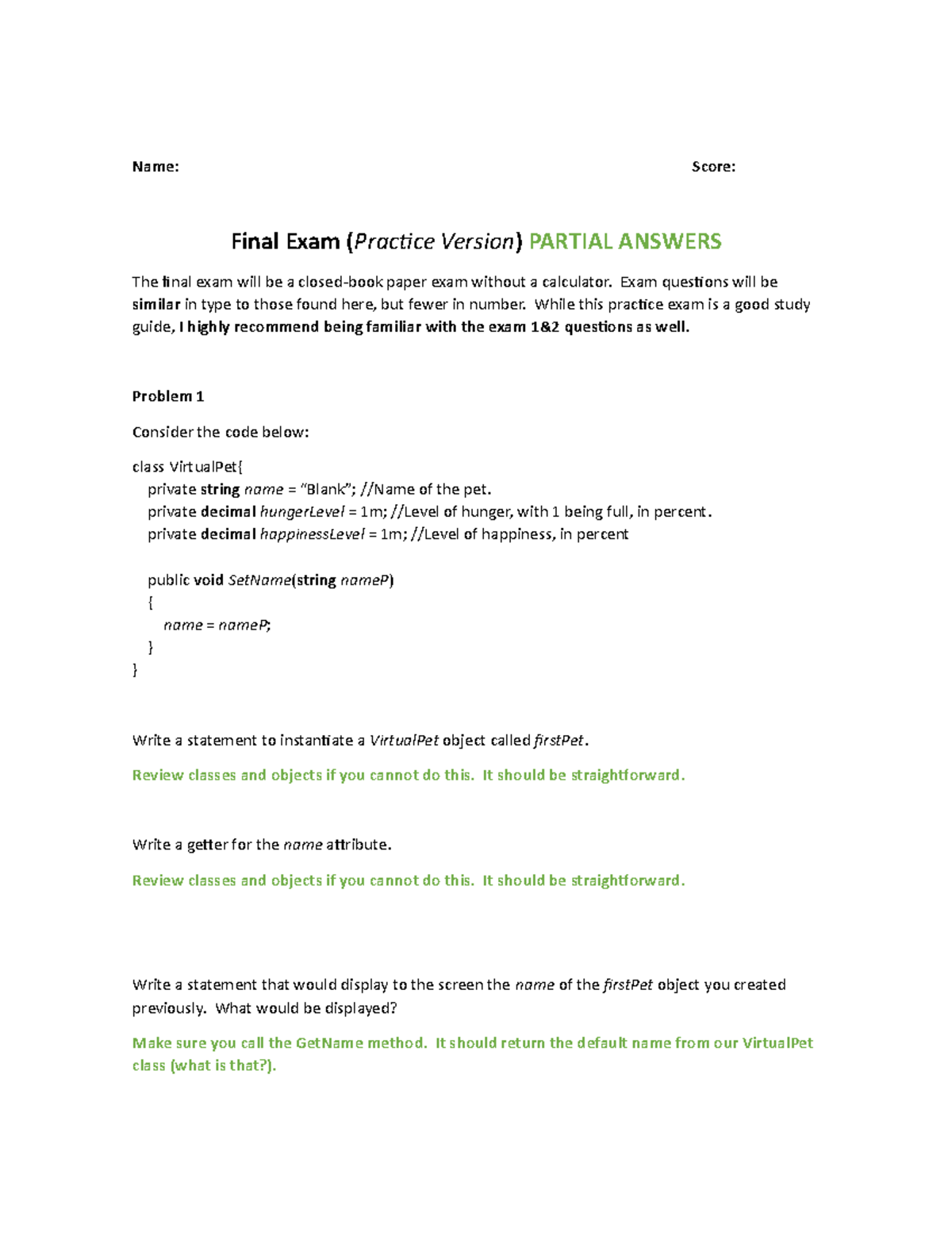 Practice Final answers - Name: Score: Final Exam (Practice Version ...