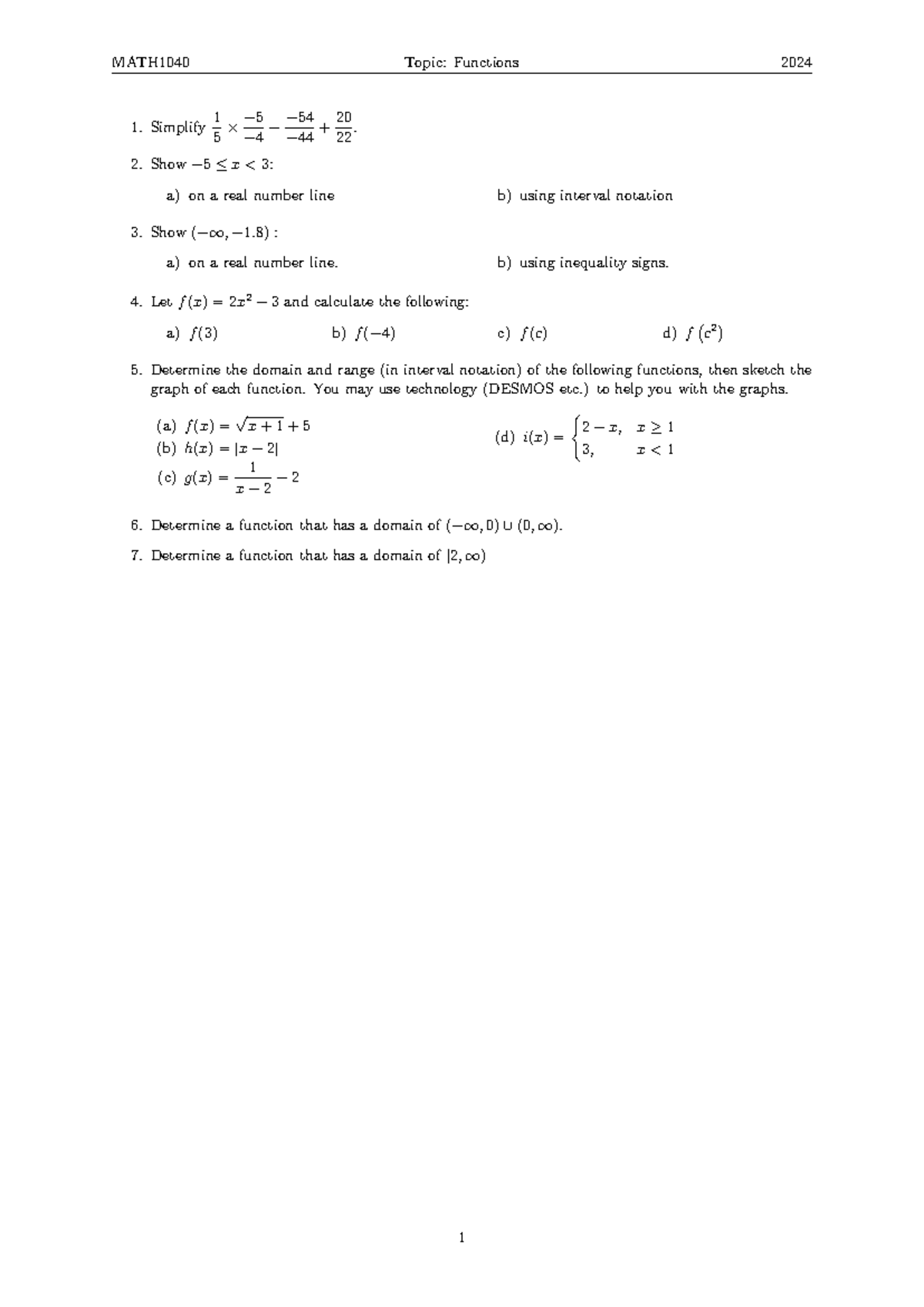 MATH1040 week 2 wks sheet - MATH1040 Topic: Functions 2024 Simplify 15 ...