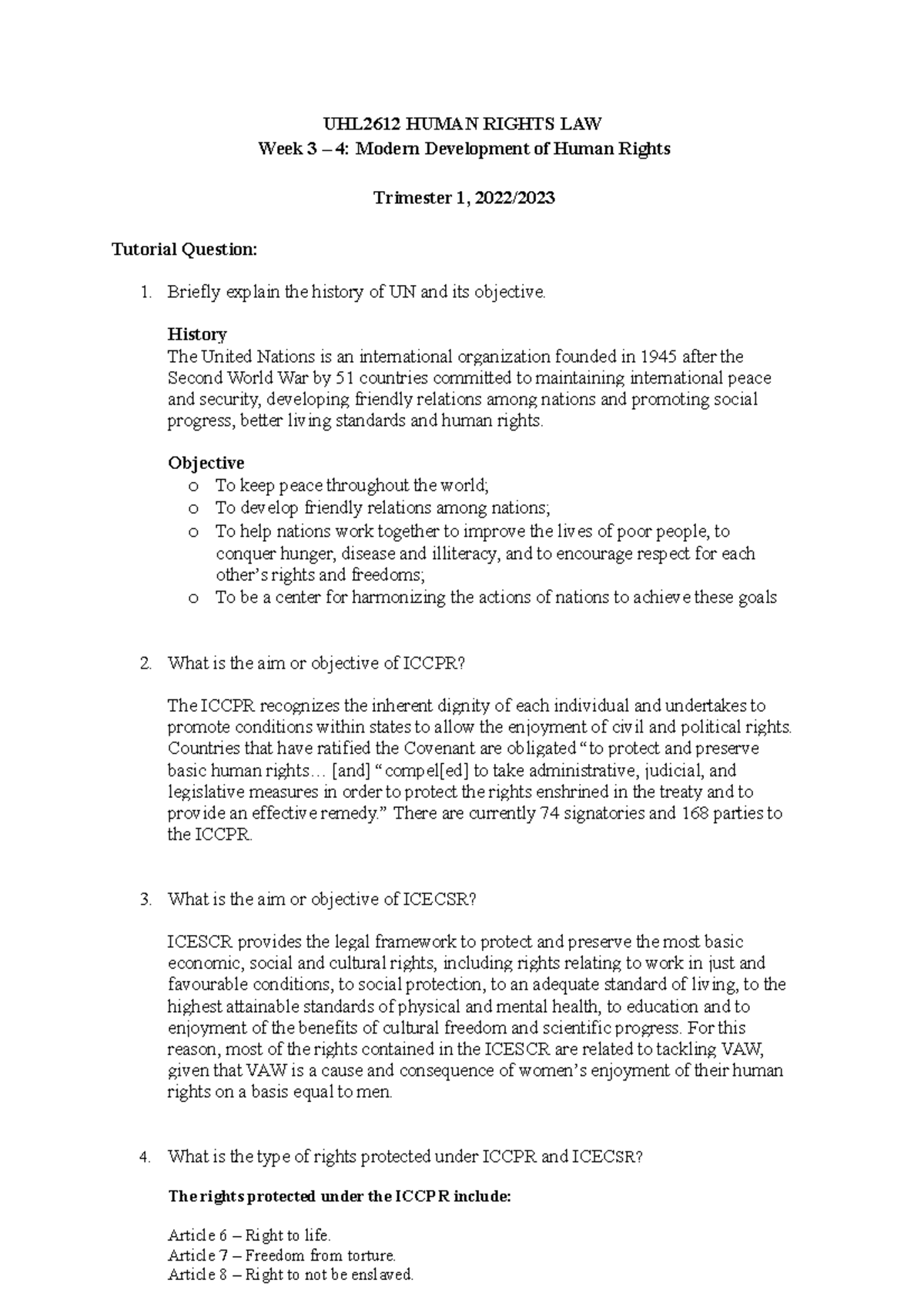 (W3 - W4) Modern Development - UHL2612 HUMAN RIGHTS LAW Week 3 – 4: Modern Development of Human ...