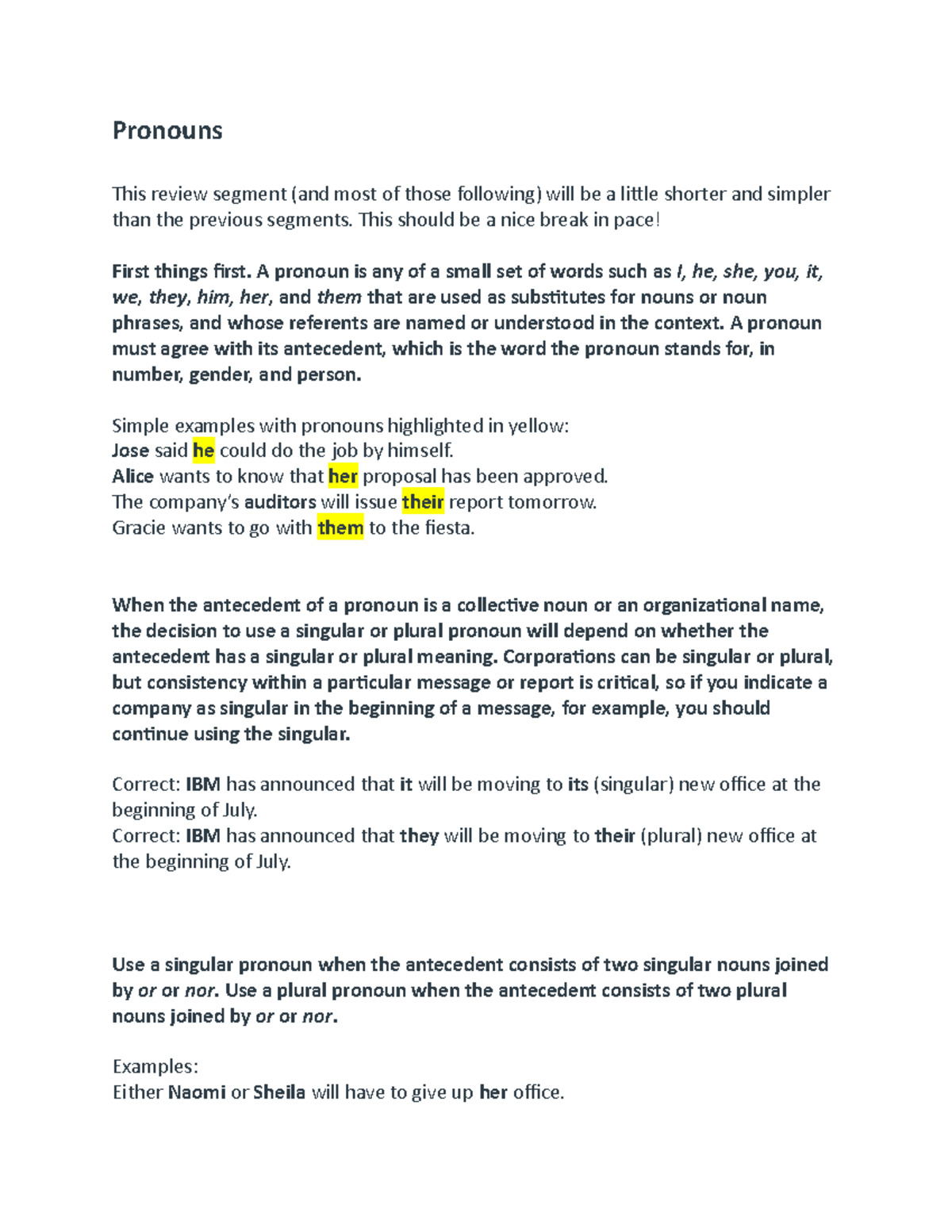 Pronouns Class Notes - Pronouns This review segment (and most of those ...