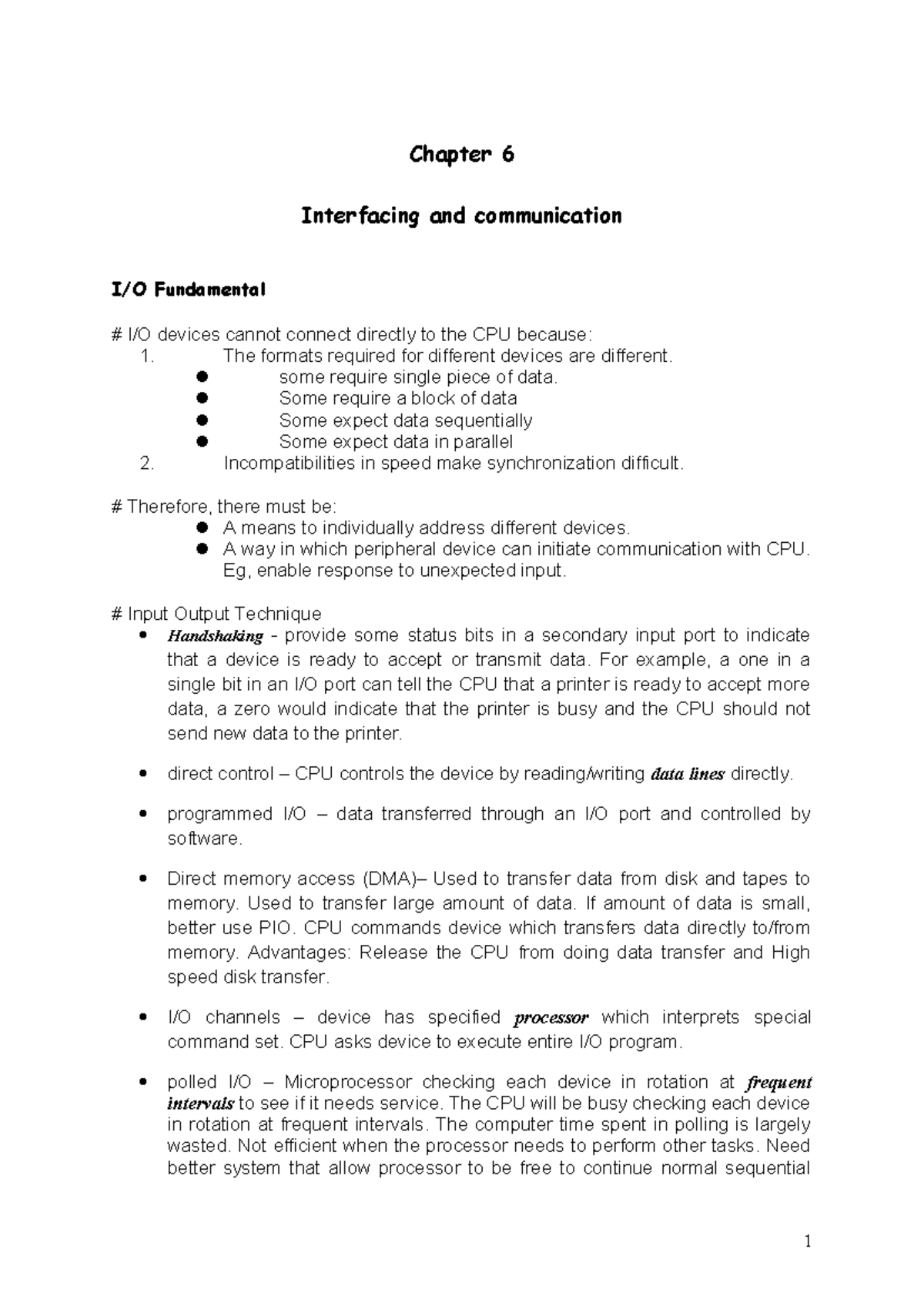 Chp6 Interrupt Stacknew - Chapter 6 Interfacing and communication I/O Fundamental # I/O devices ...