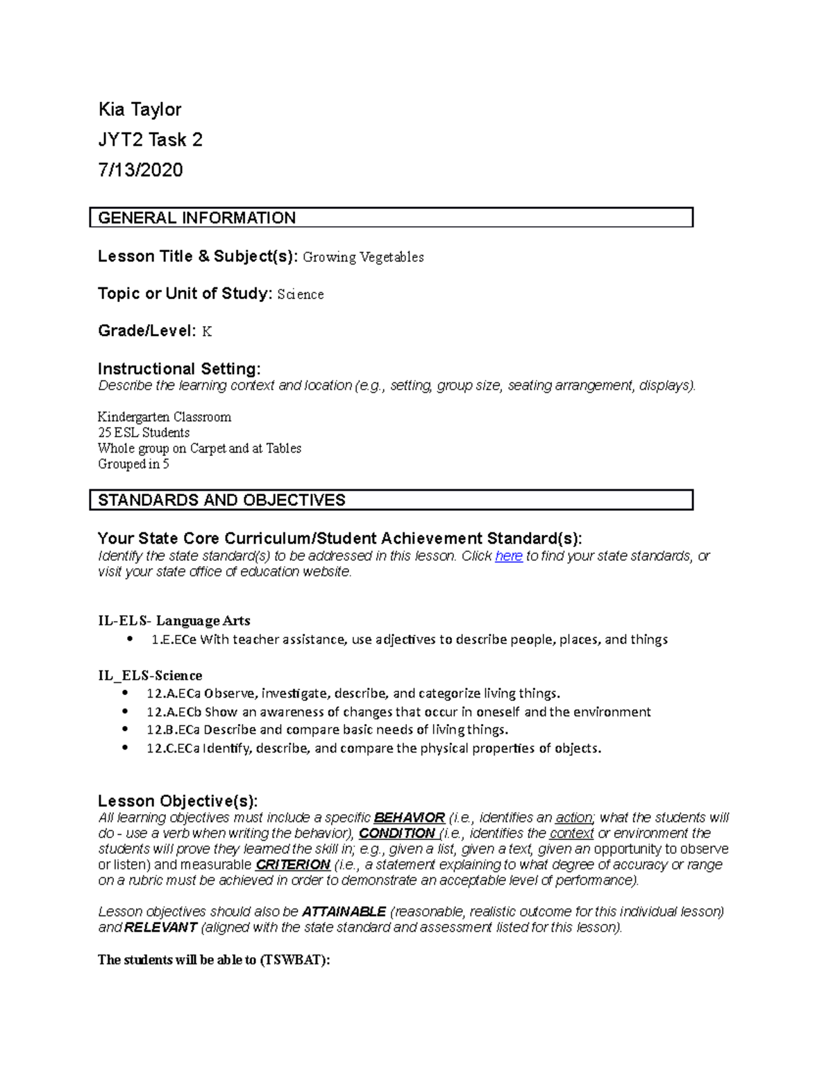 Kia Taylor EMT1 Task 2 Lesson - Kia Taylor JYT2 Task 2 7/13/ GENERAL ...