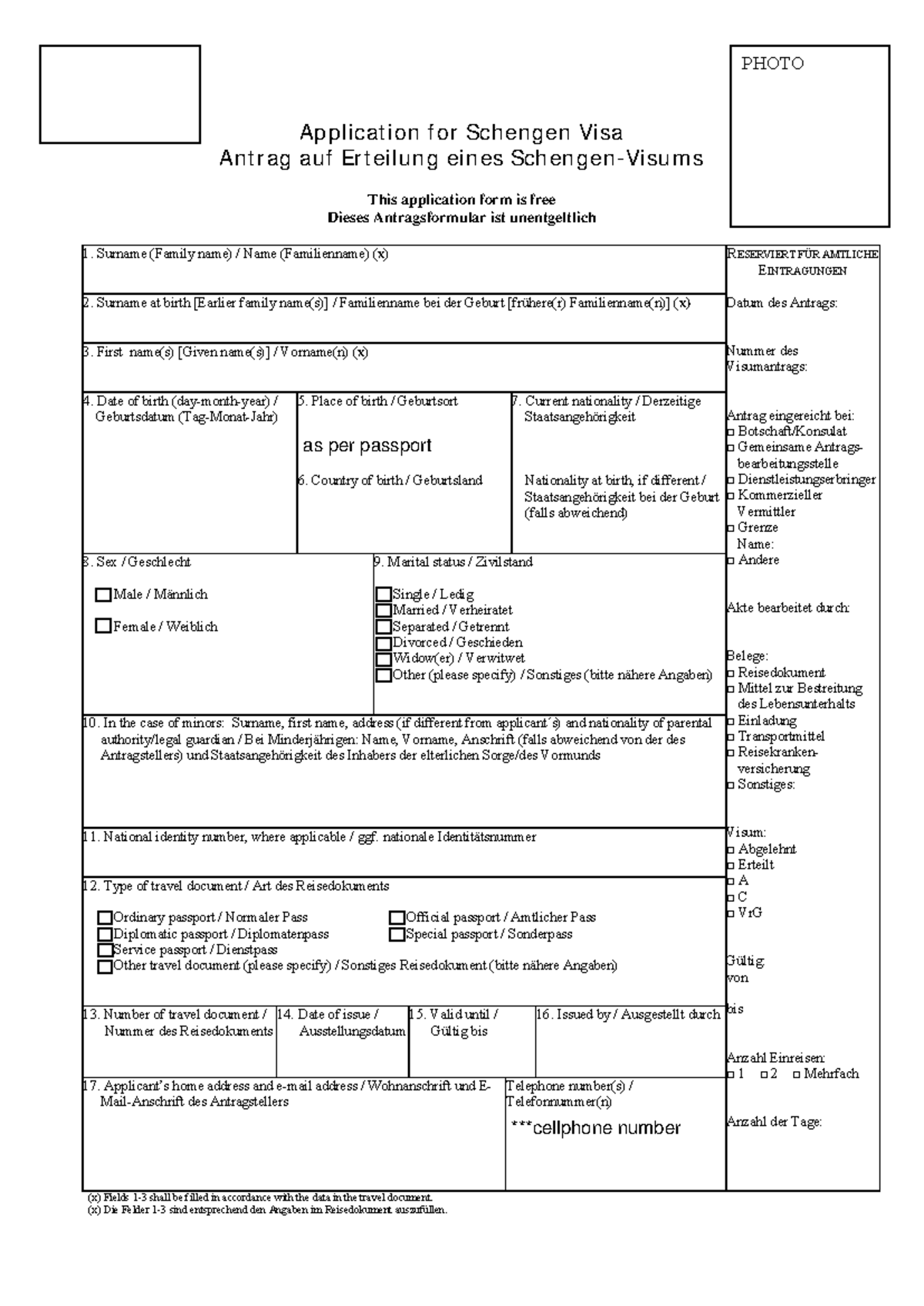 Schengen-Application-form - PHOTO Application for Schengen Visa Antrag ...