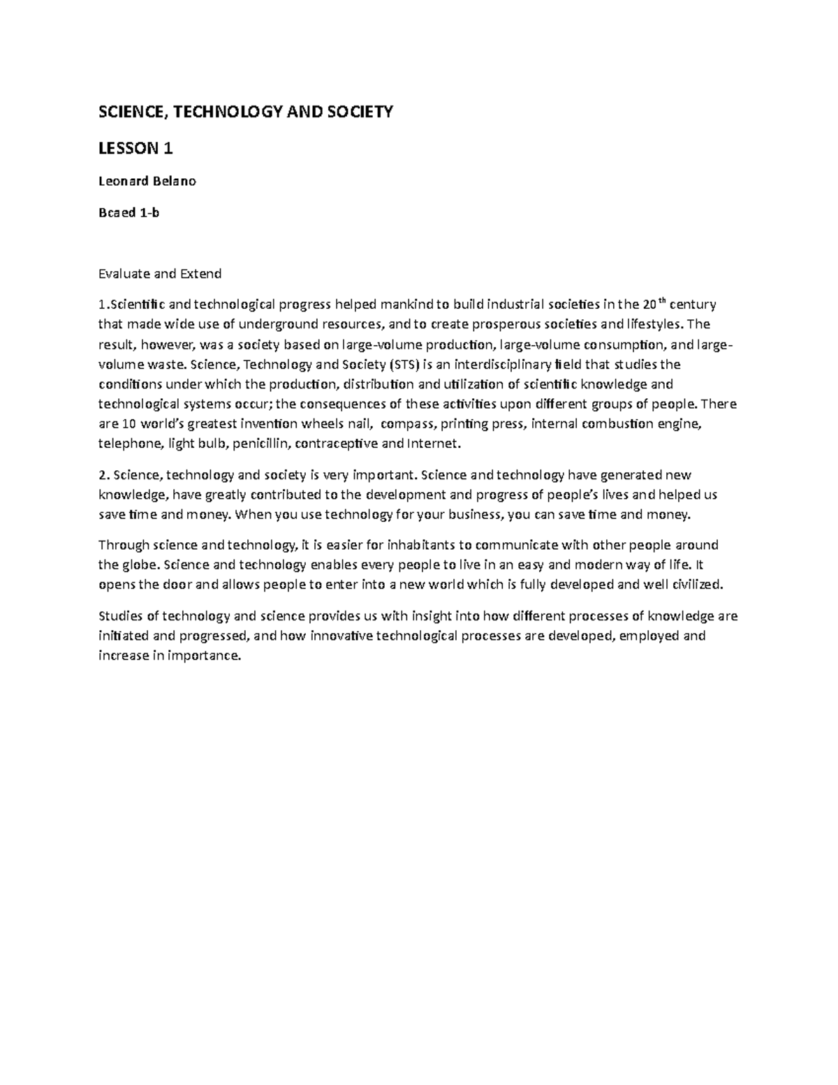 STS document - Report - SCIENCE, TECHNOLOGY AND SOCIETY LESSON 1 ...
