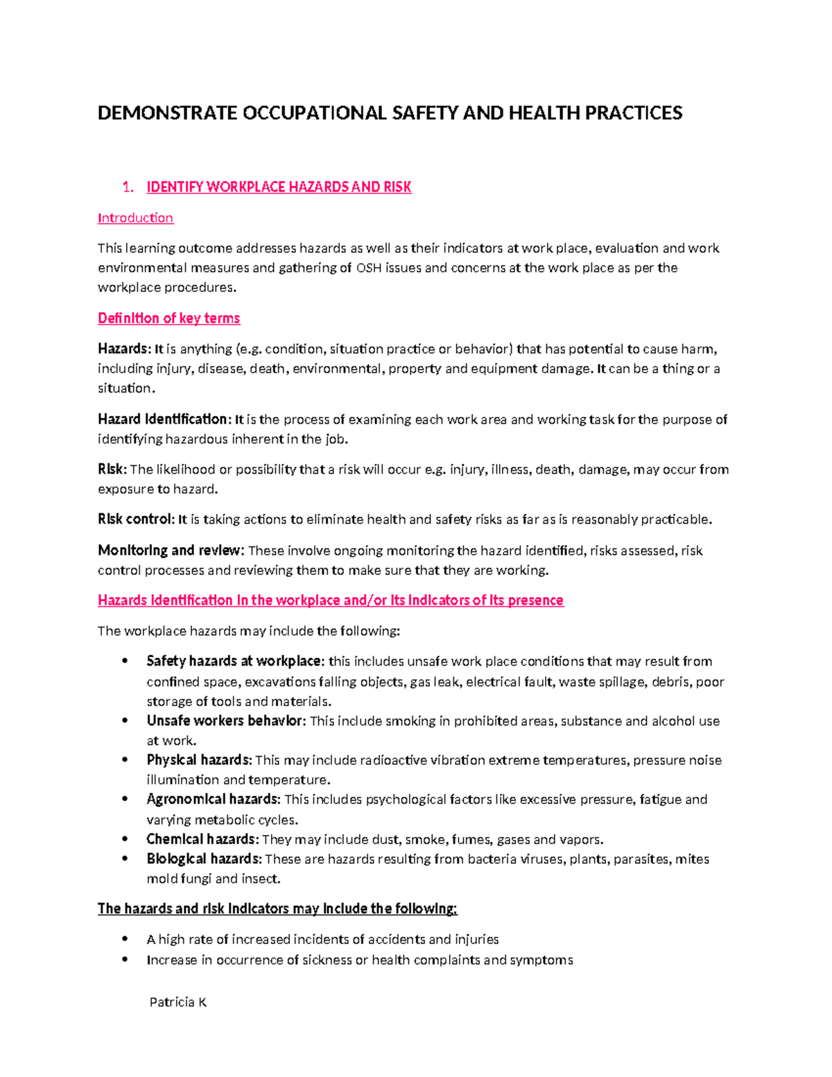 OHS Notes - Part of course units first year - DEMONSTRATE OCCUPATIONAL ...