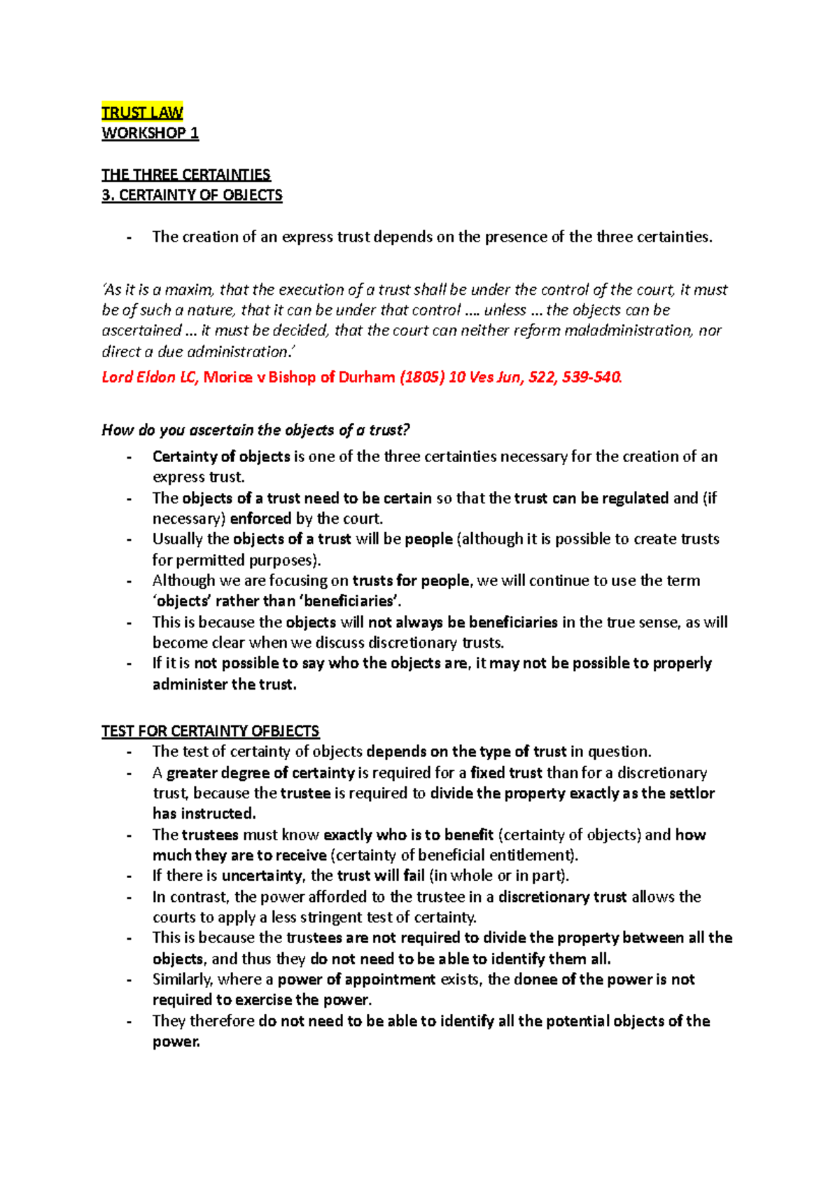 Certainty OF Objects - TRUST LAW WORKSHOP 1 THE THREE CERTAINTIES 3. CERTAINTY OF OBJECTS The ...